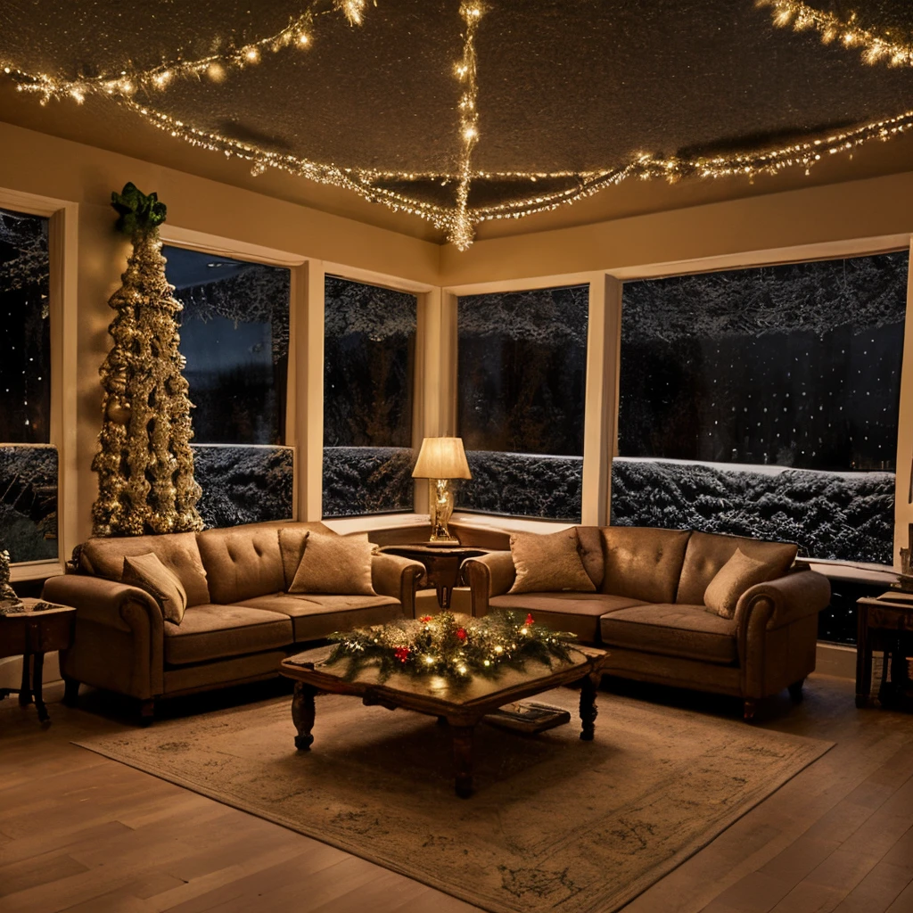 Arafed living room with christmas lights and a christmas tree - SeaArt AI