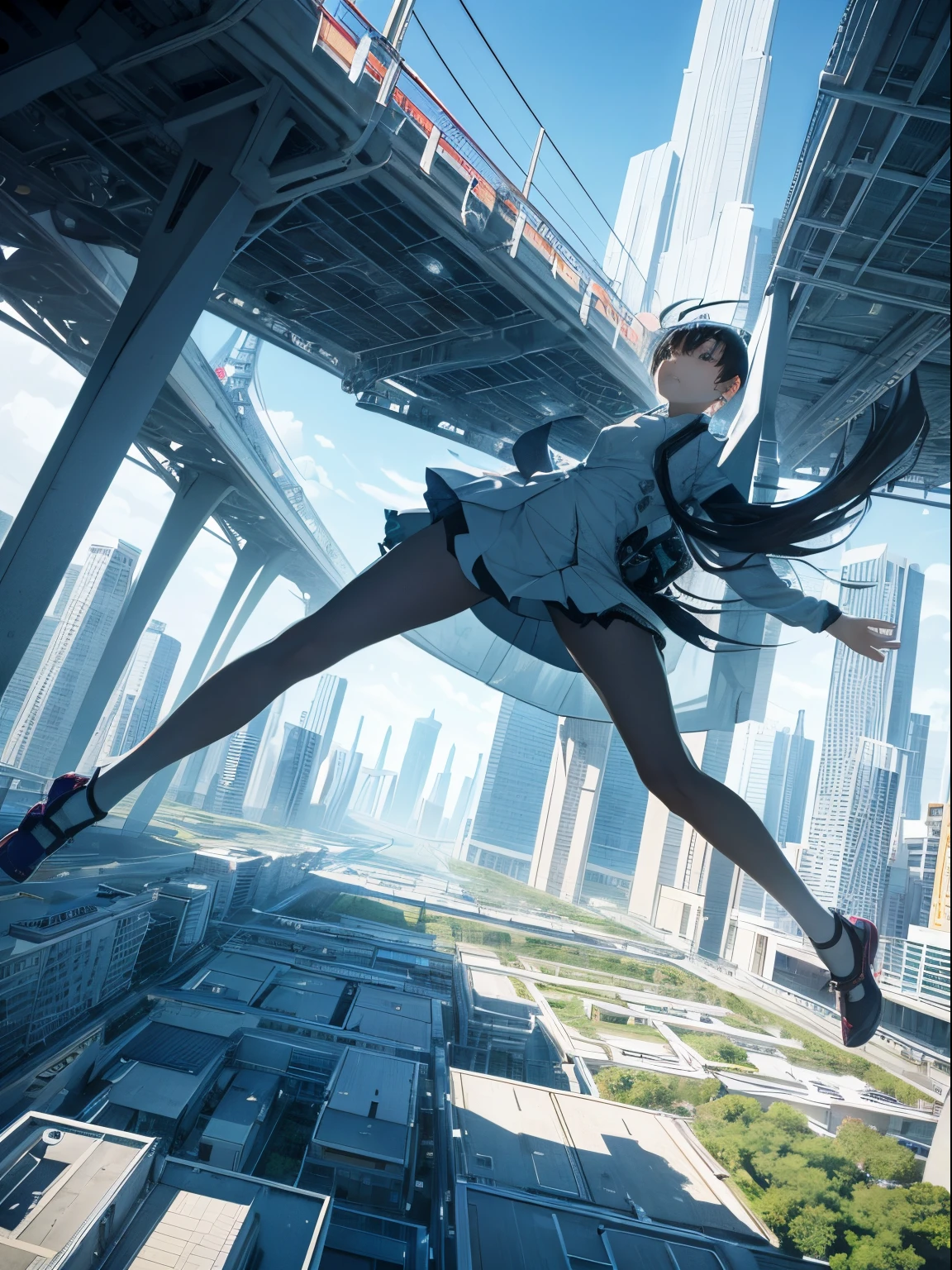 A woman flying through the air over a city with a bridge in the ...