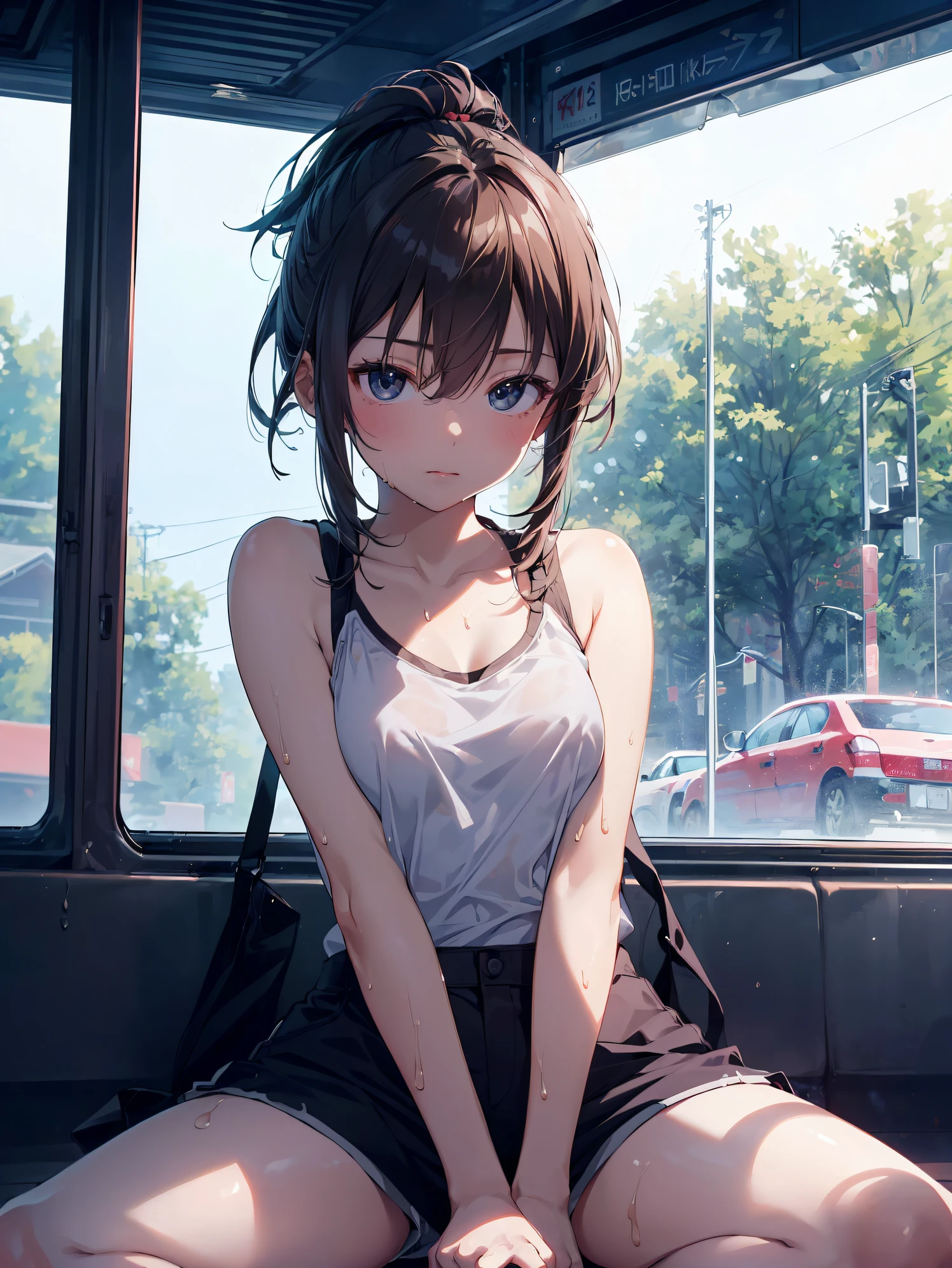 Anime girl sitting on a bus looking out the window - SeaArt AI