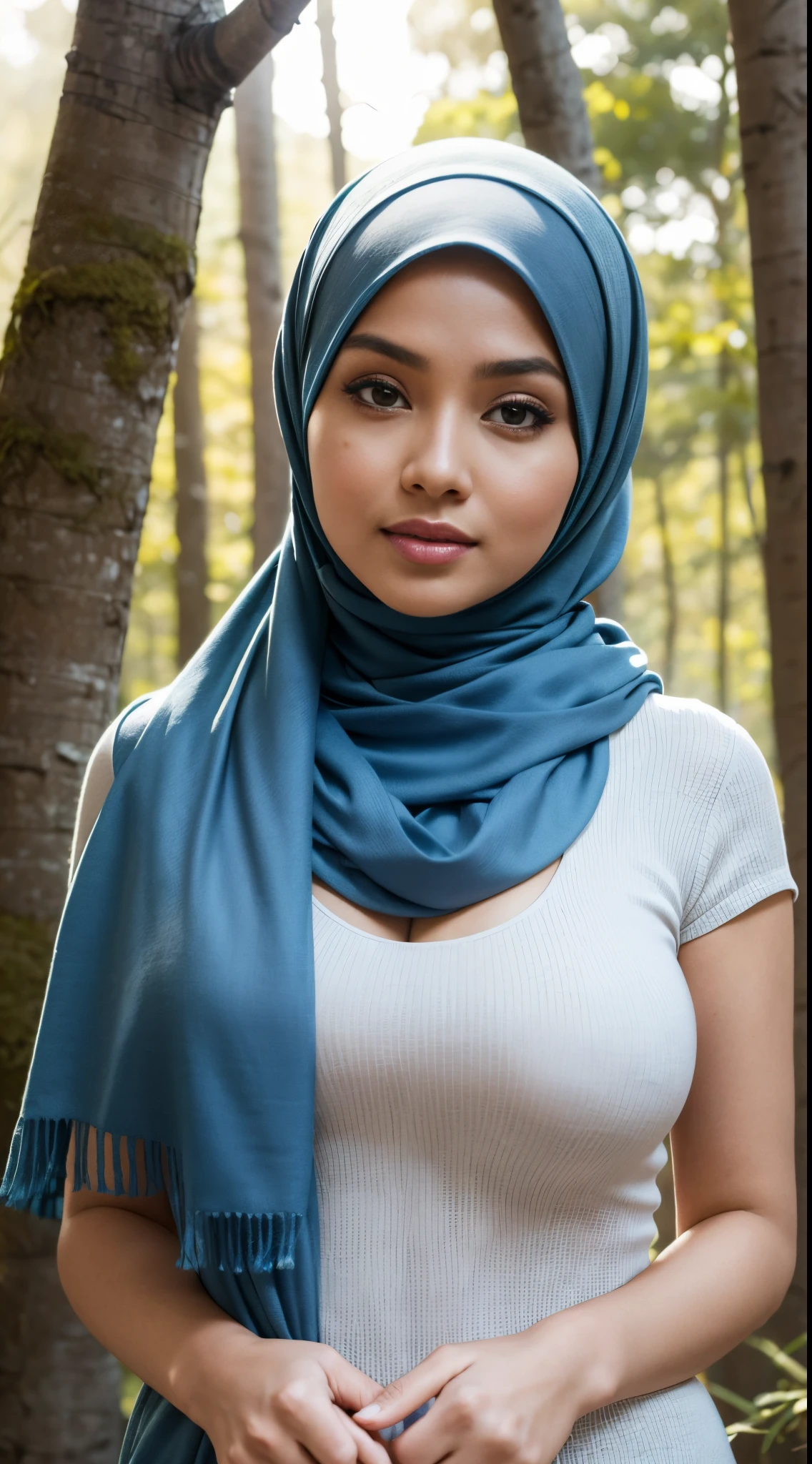 Un gros plan sur une femme portant un foulard bleu dans une forêt ...