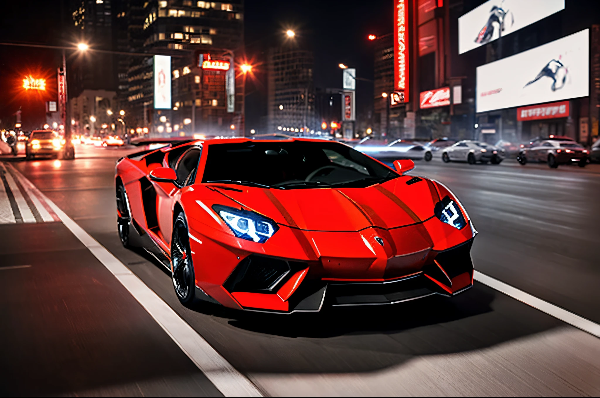 A close up of a red sports car driving down a city street - SeaArt AI