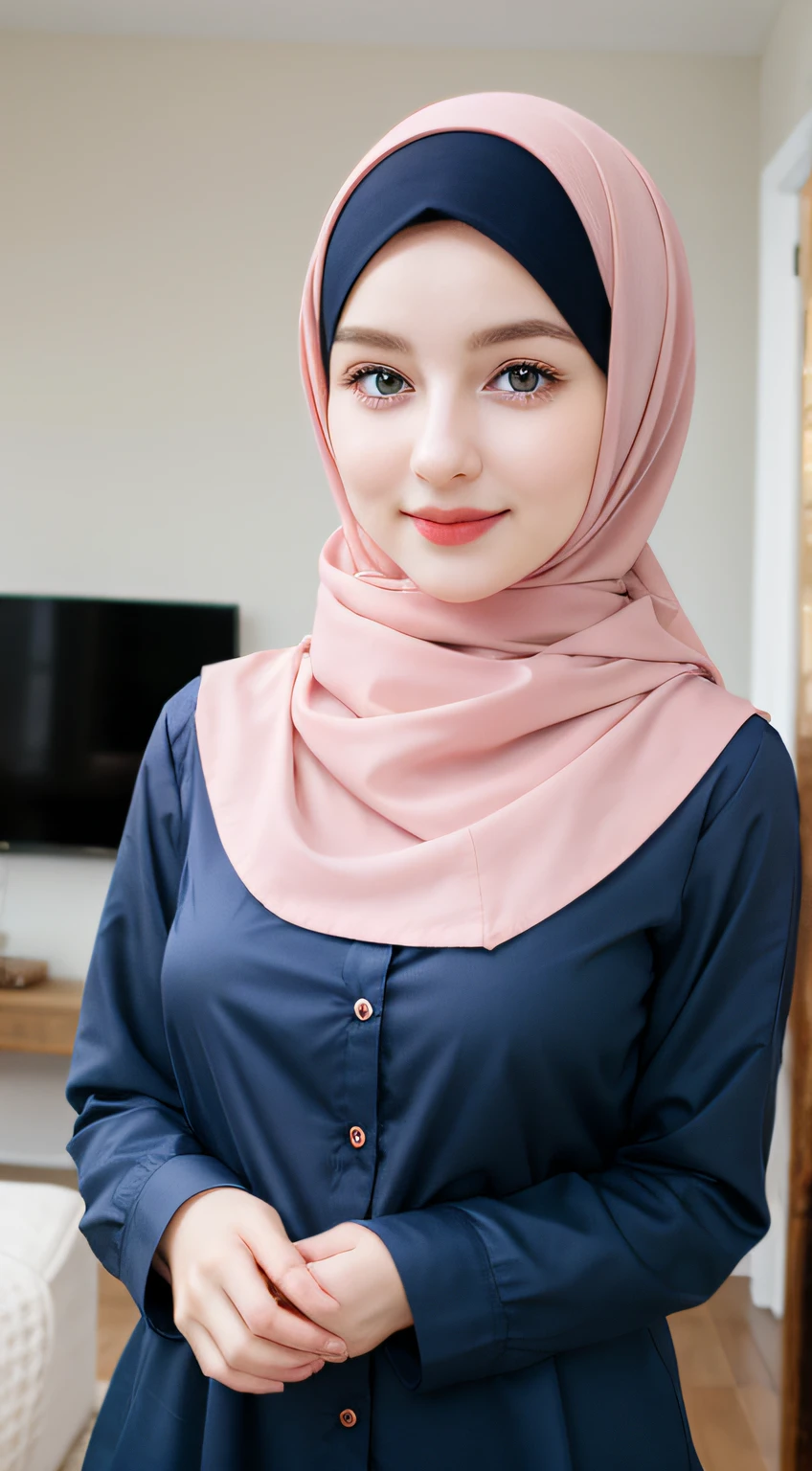 A close up of a woman wearing a hijab and a blue shirt - SeaArt AI