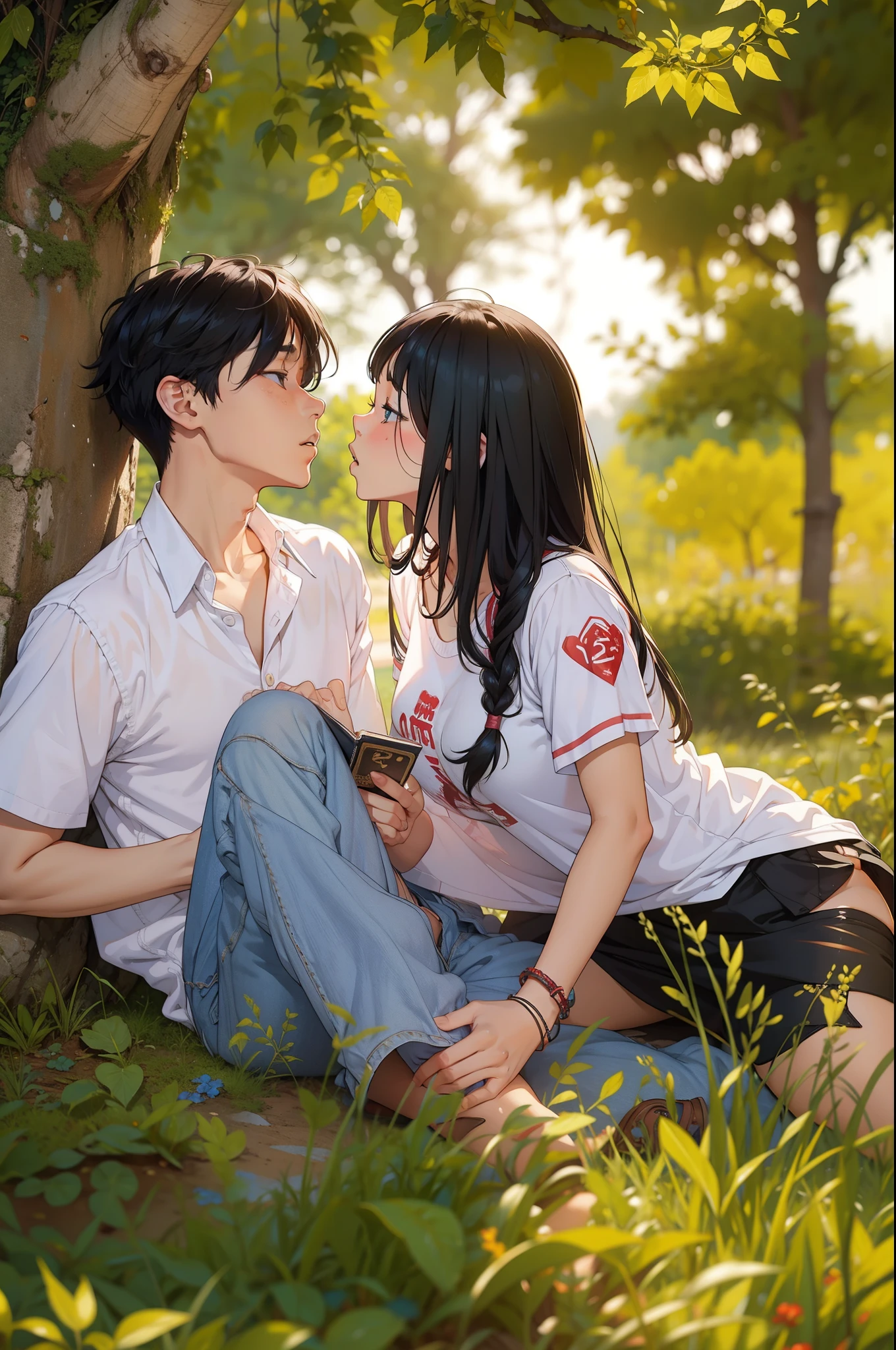 Anime Couple Sitting Under A Tree In A Park With A Cell Phone Seaart Ai