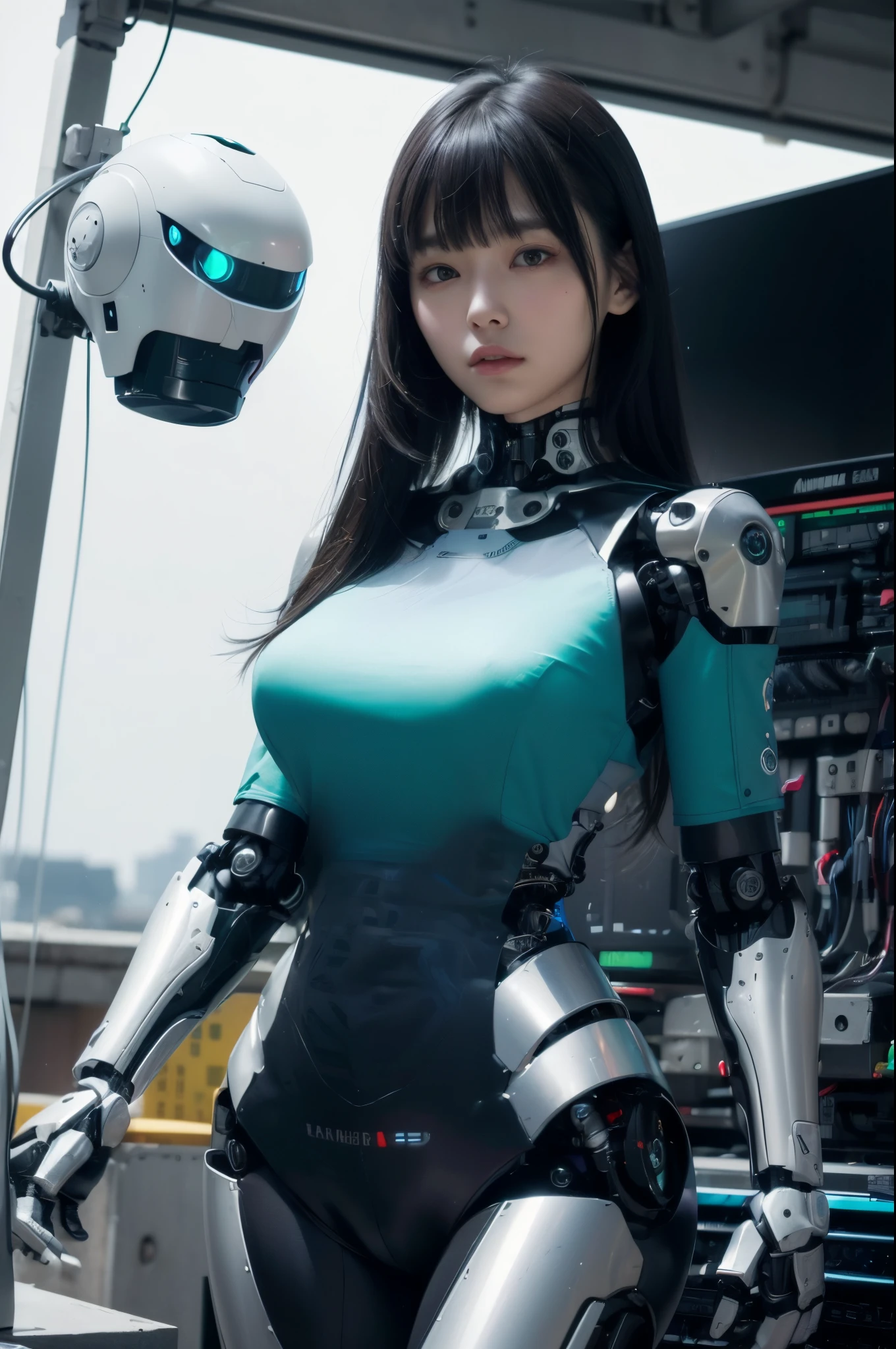 Un primer plano de una mujer con un traje y un robot en la cabeza ...