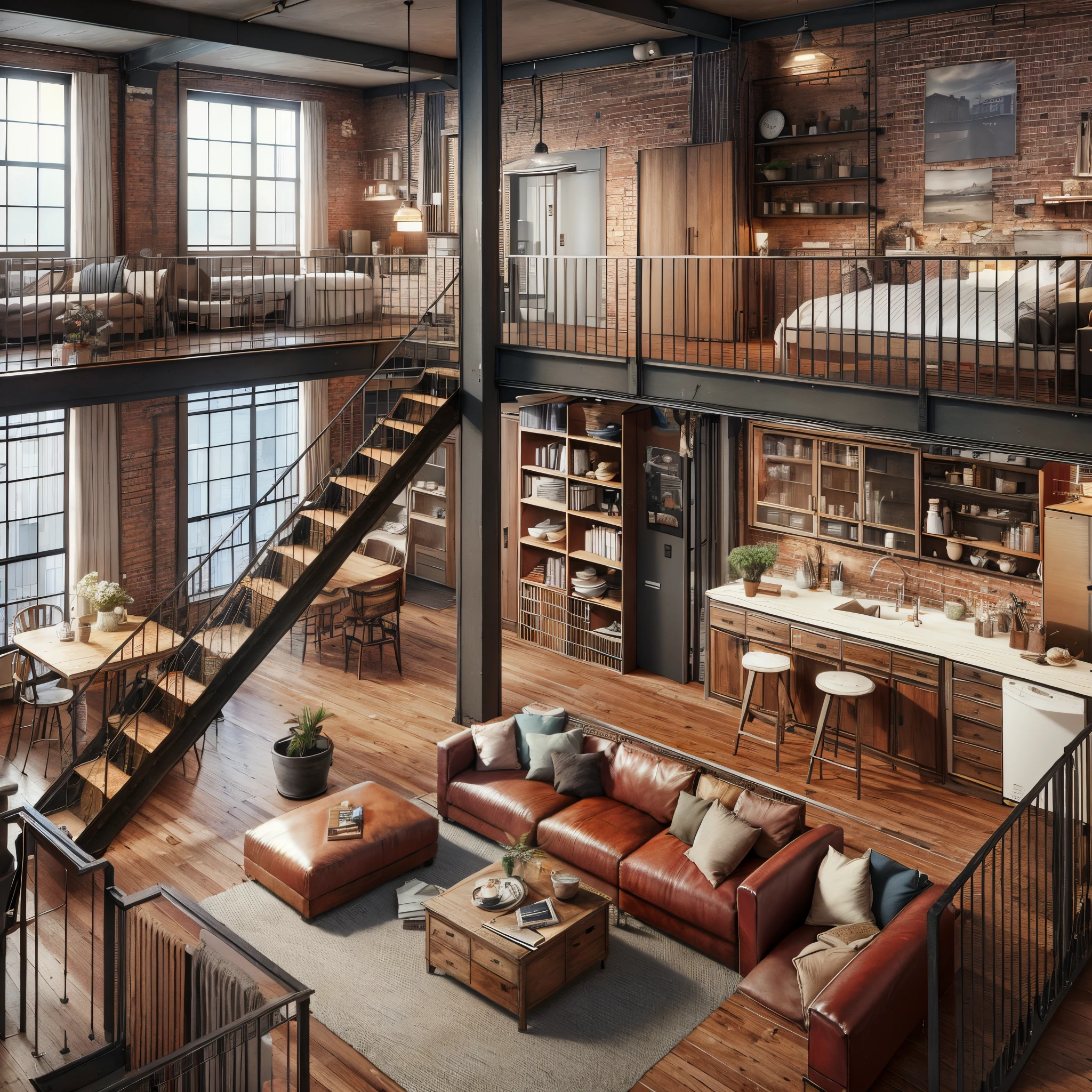 Arafed loft with a staircase and a lofted living room - SeaArt AI