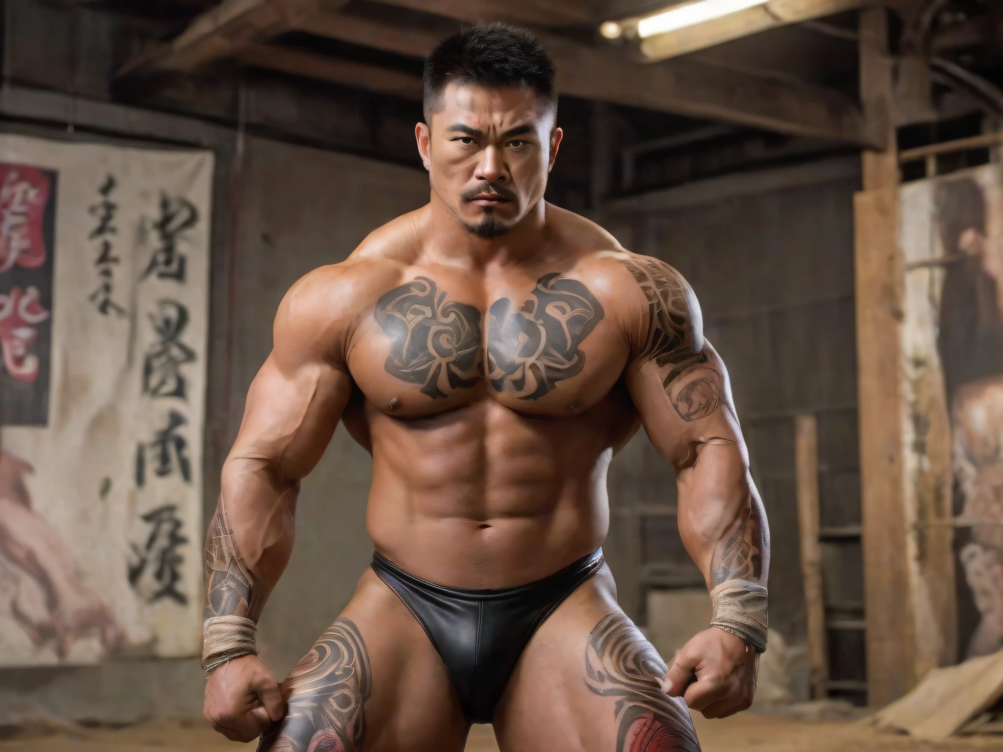 A man with tattoos on his chest and chest posing for a picture - SeaArt AI