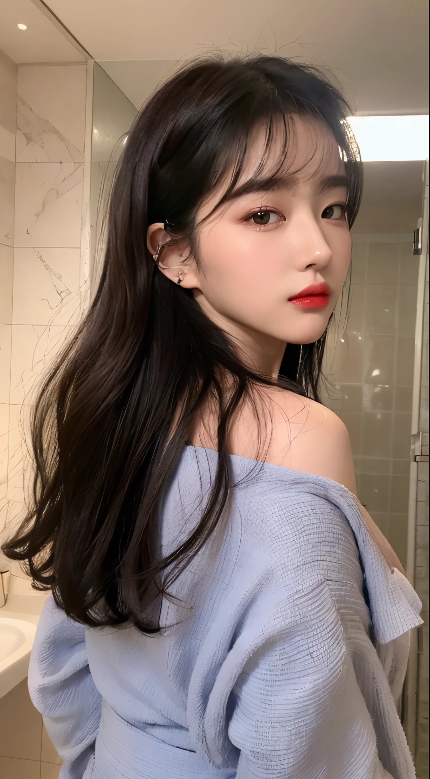 A woman with long hair wearing a blue top and red lipstick - SeaArt AI