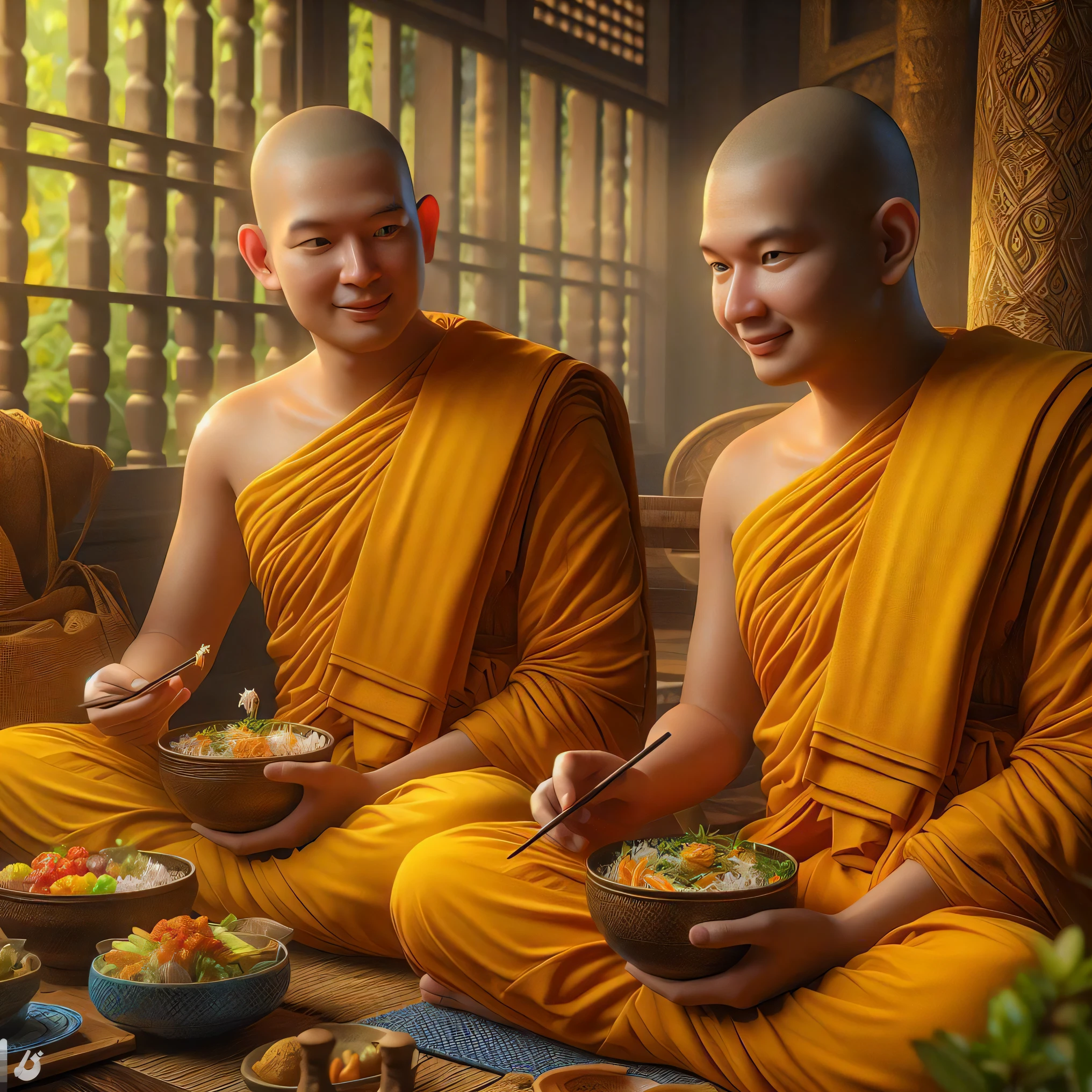 Two monks sitting on the floor eating food and smiling - SeaArt AI