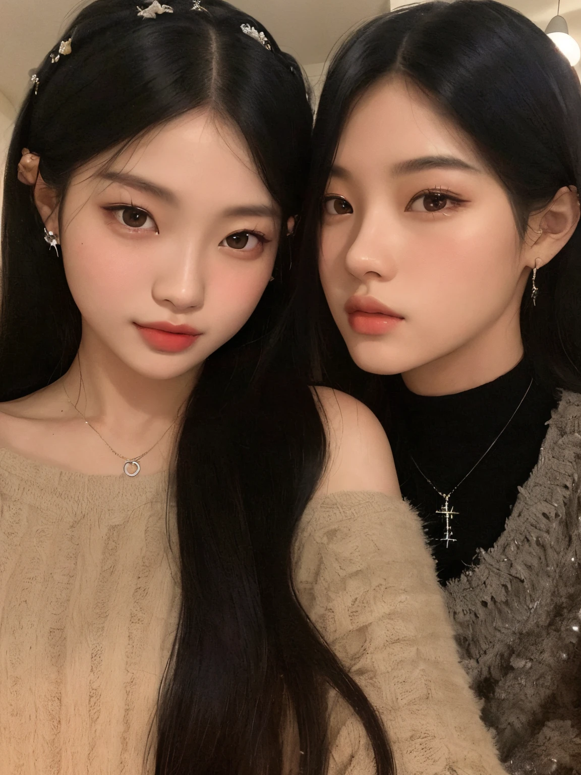 Two young women posing for a photo in a room - SeaArt AI