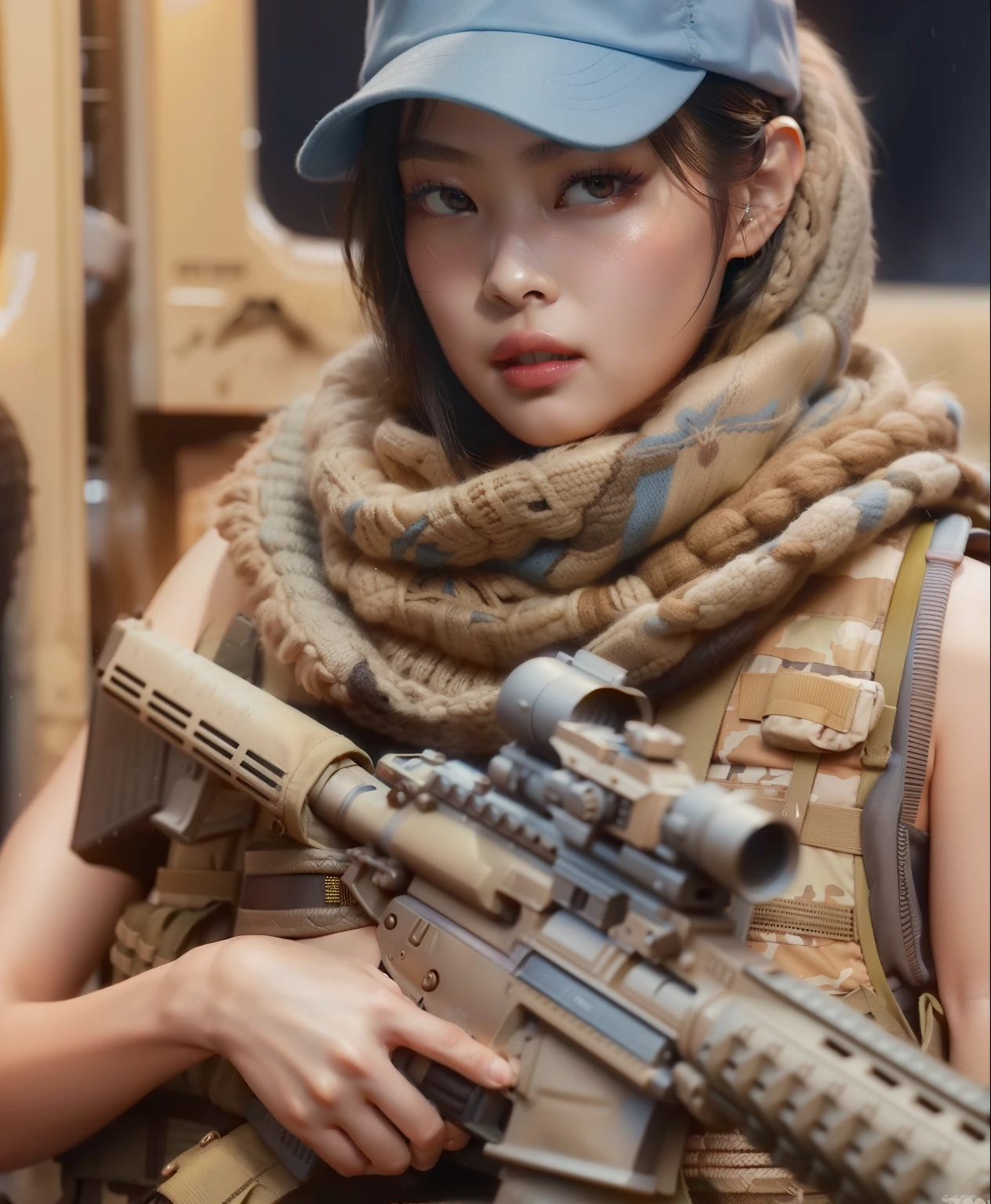 Arafed woman in a blue hat holding a rifle and a rifle - SeaArt AI