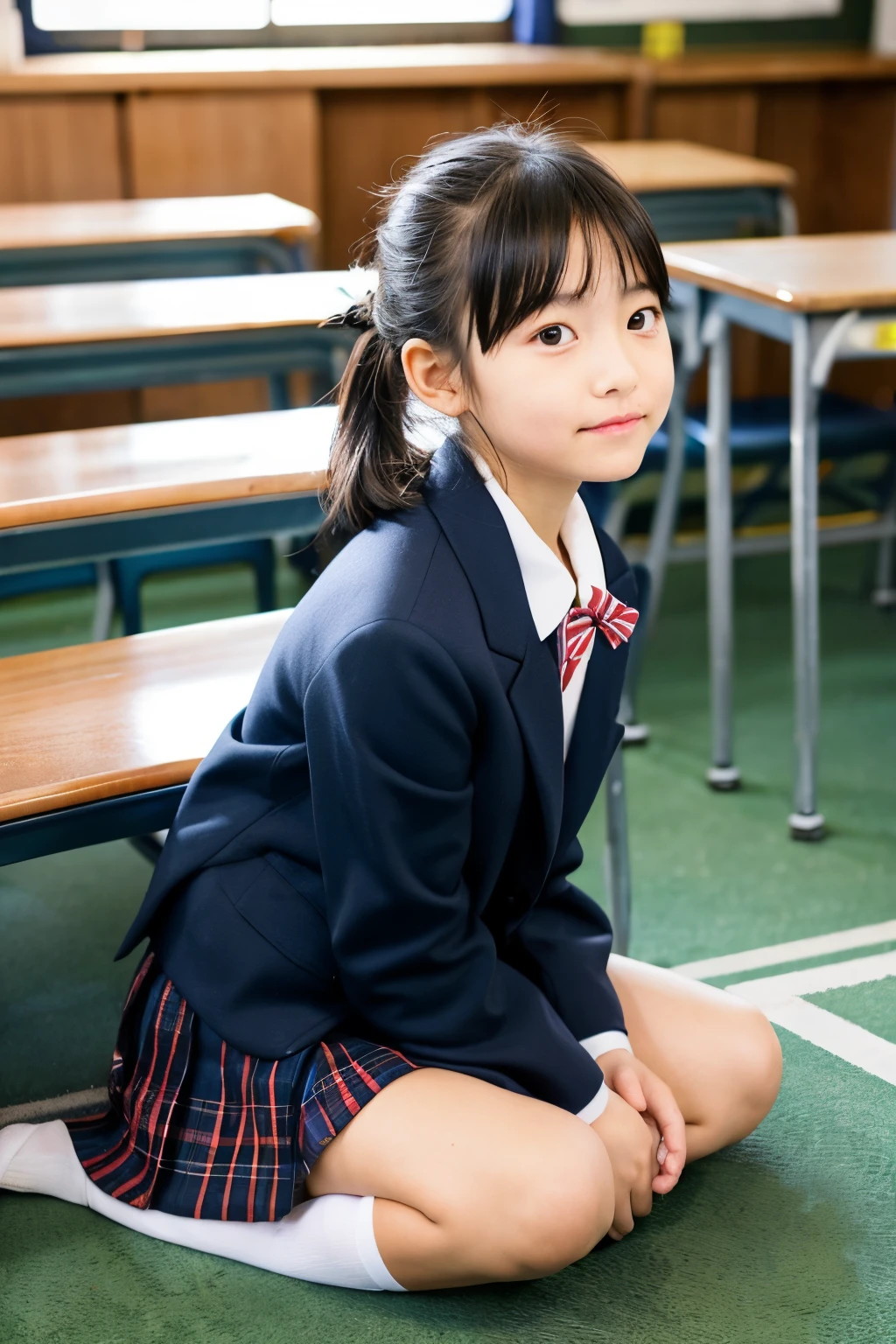 There Is A Young Girl Sitting On The Floor In A School Uniform Seaart Ai