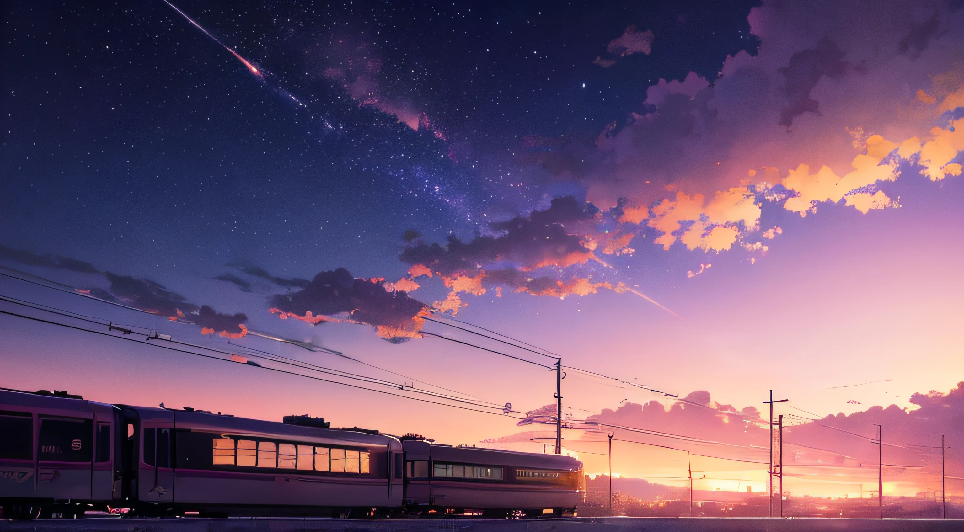 Anime train on tracks with a sunset in the background - SeaArt AI