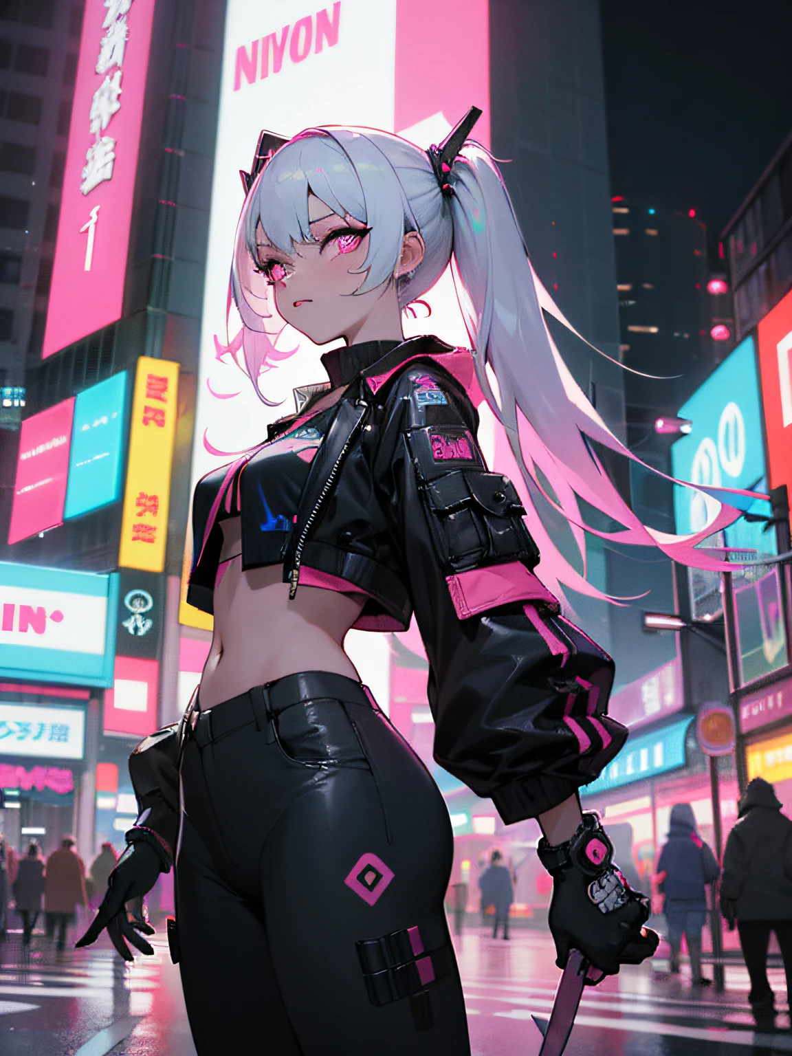 Cyber girl in a black and pink outfit standing in a city - SeaArt AI