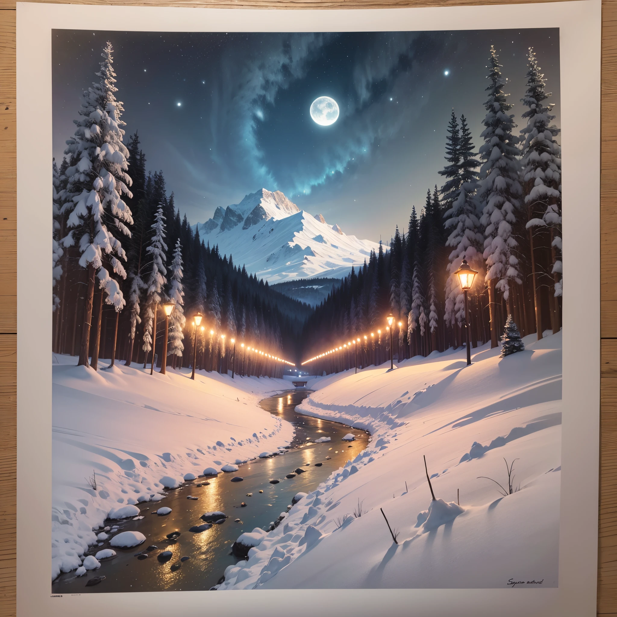 Snowy night scene with a stream and a mountain in the background ...