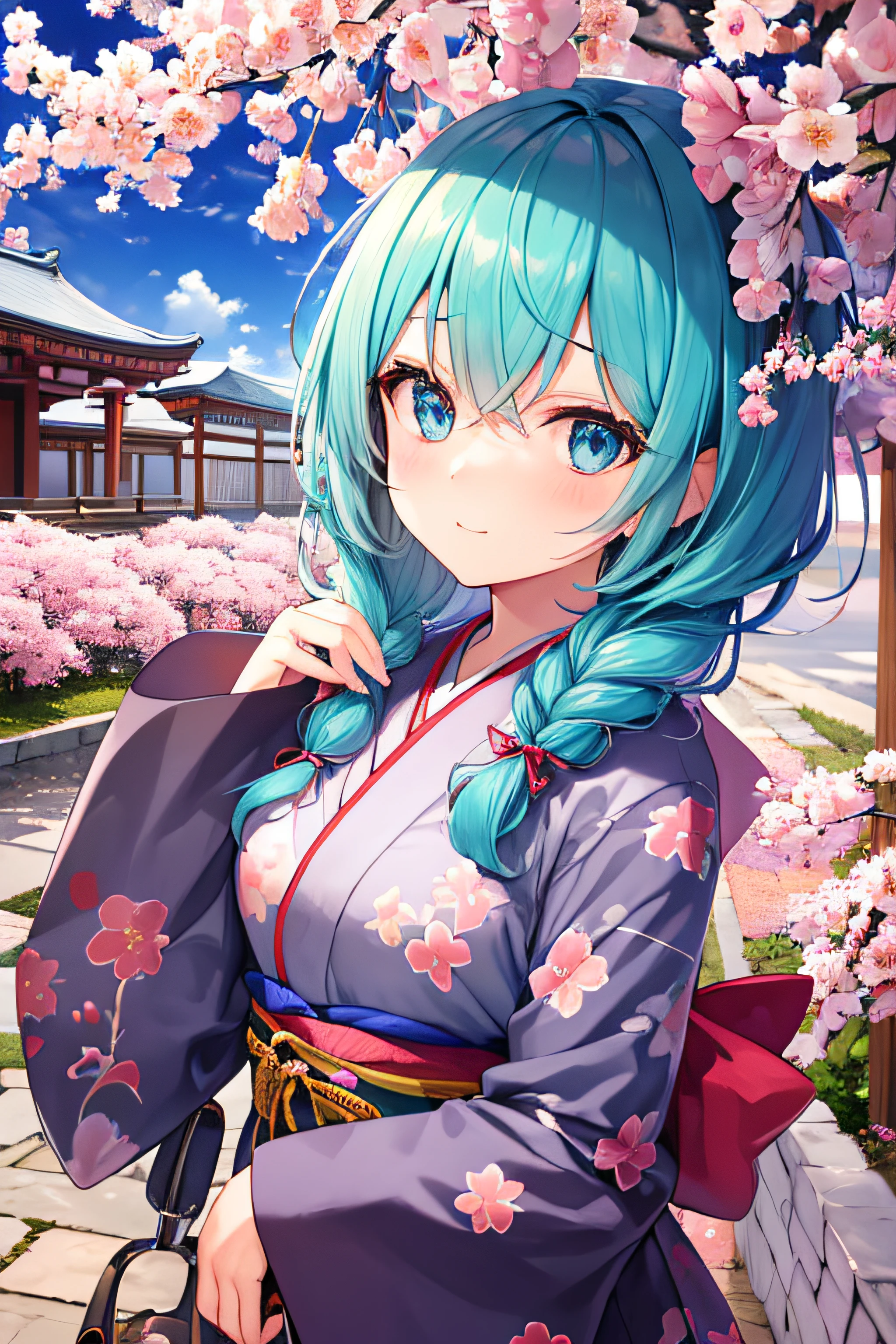 A woman with blue hair and blue eyes standing in front of a tree ...