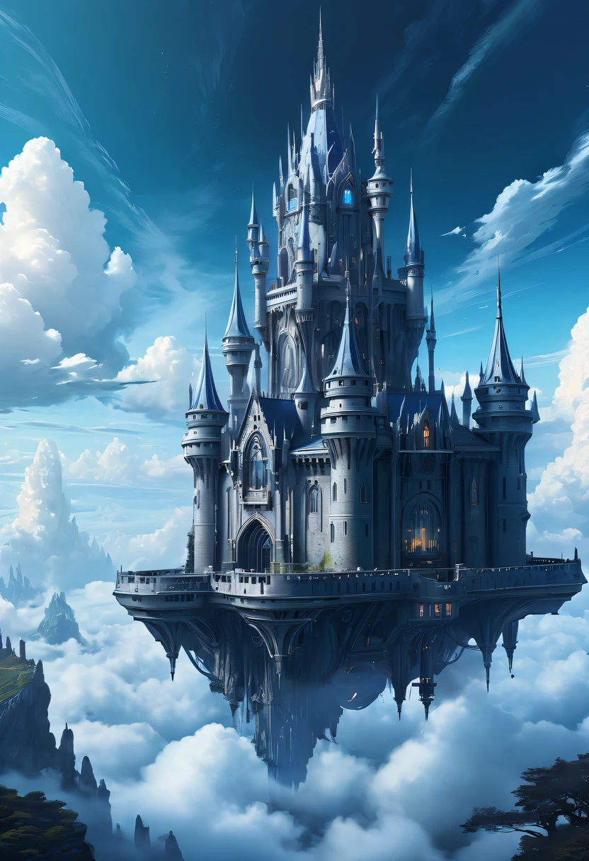 A castle in the sky with clouds and a mountain in the background - SeaArt AI