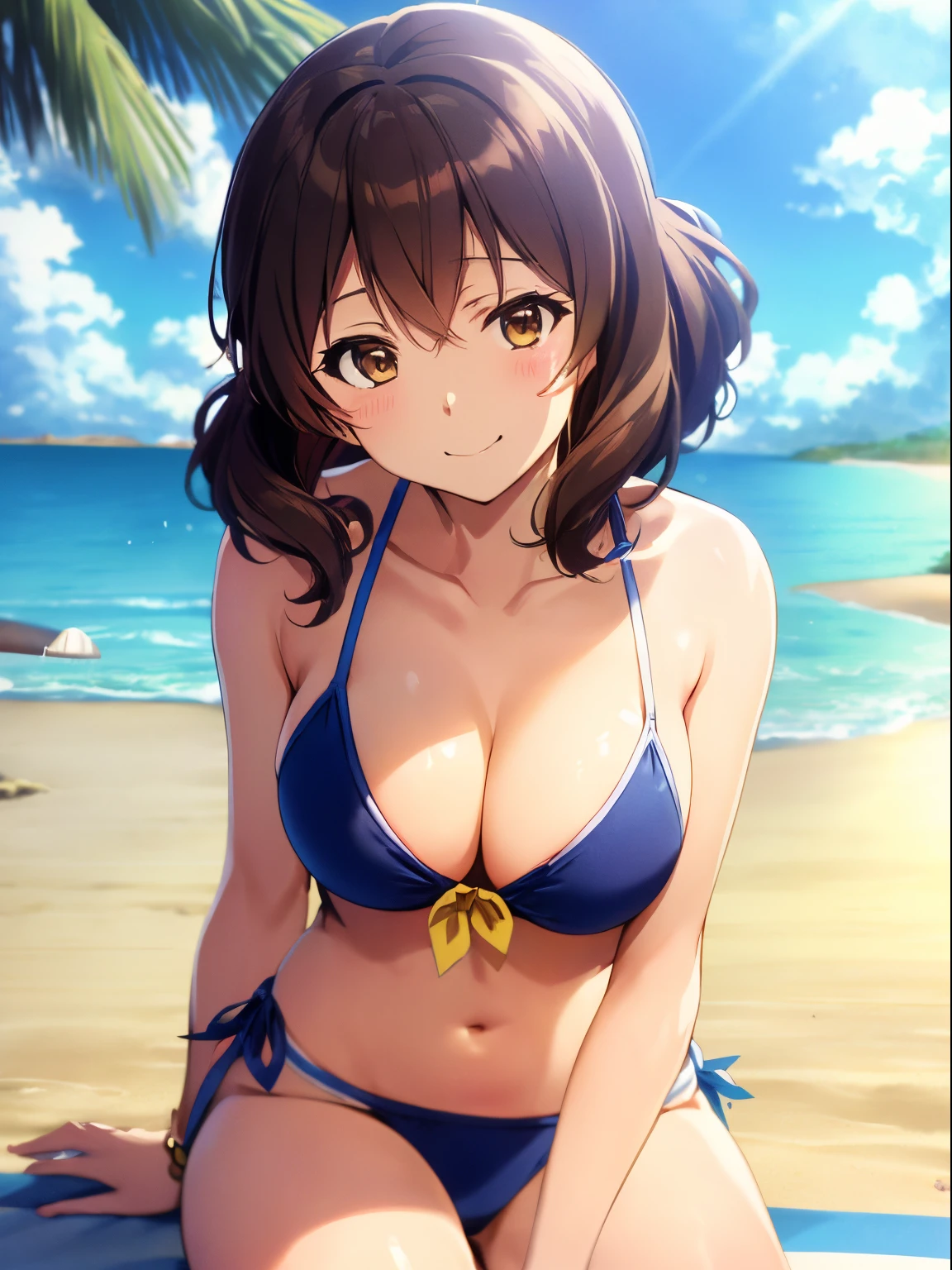 A woman in a bikini sitting on a beach next to a palm tree - SeaArt AI