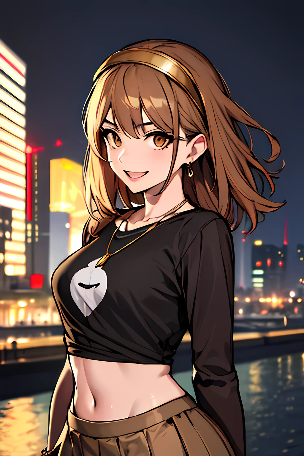 Anime girl with long hair and a black shirt standing in front of a body ...