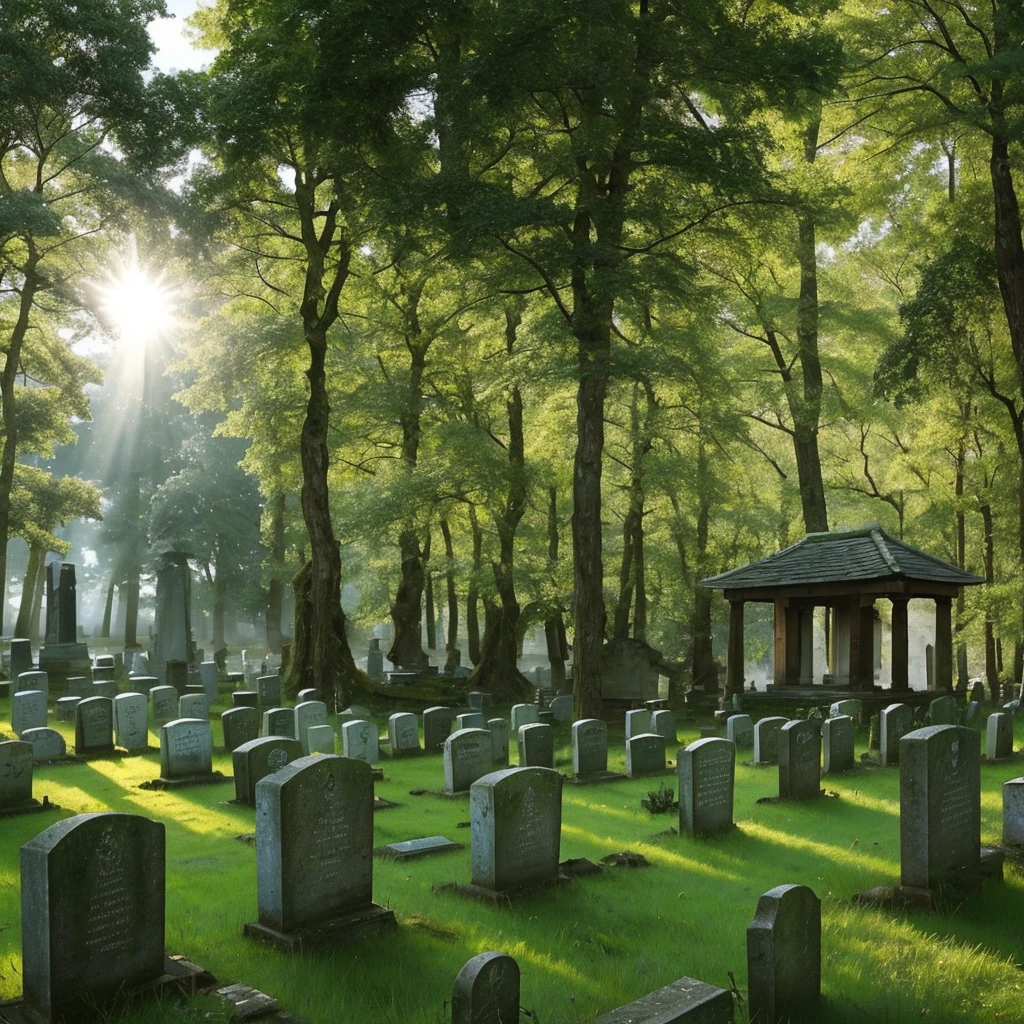 A countryside graveyard, old stone tombstones, peaceful atmosphere ...