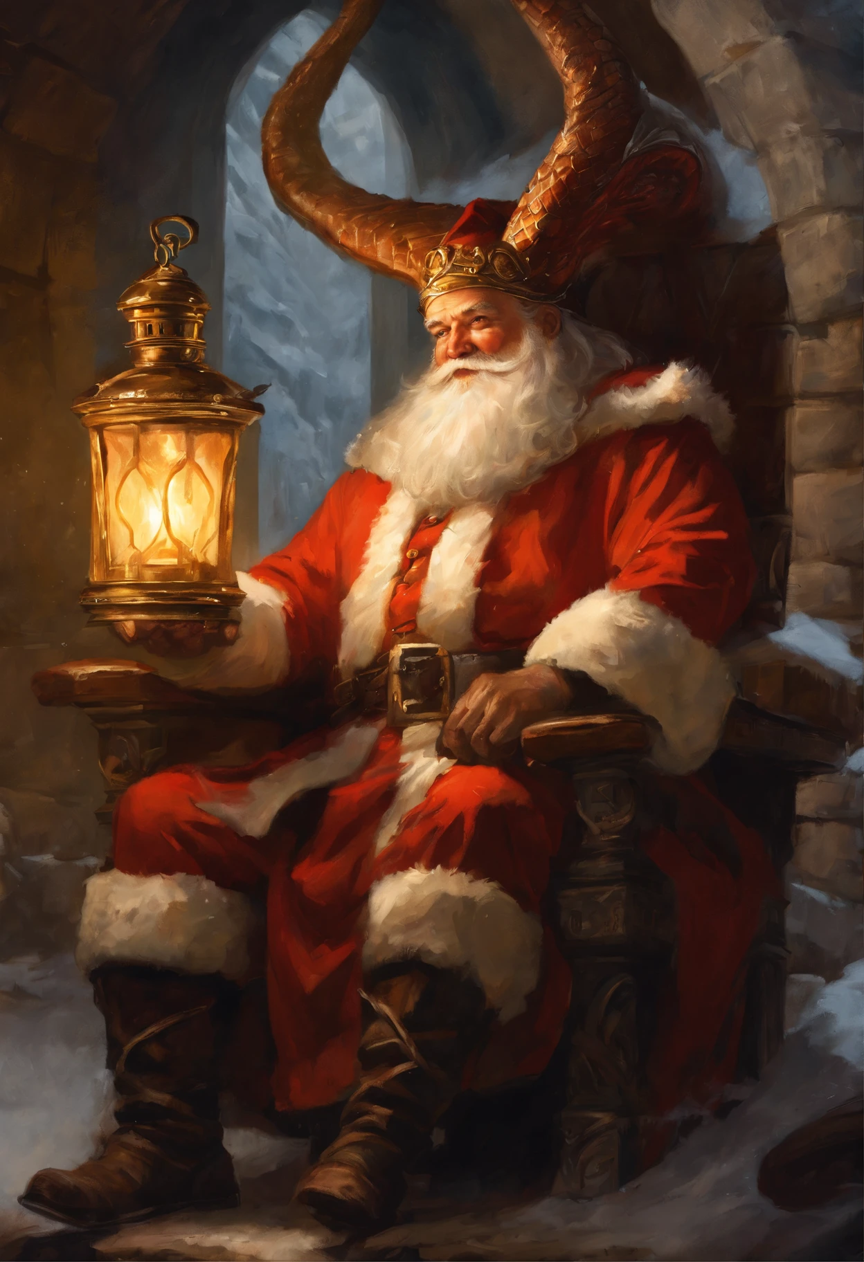 A painting of a man dressed as santa claus sitting in a chair - SeaArt AI