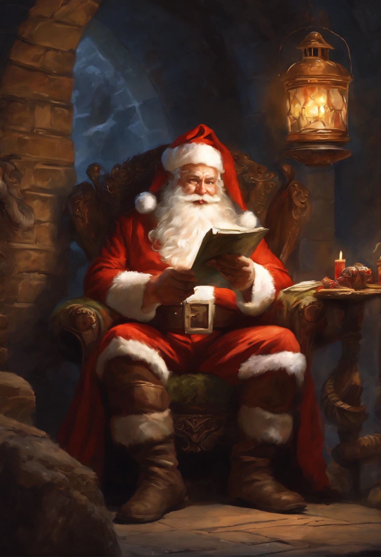 Santa claus reading a book in a chair with a lantern - SeaArt AI