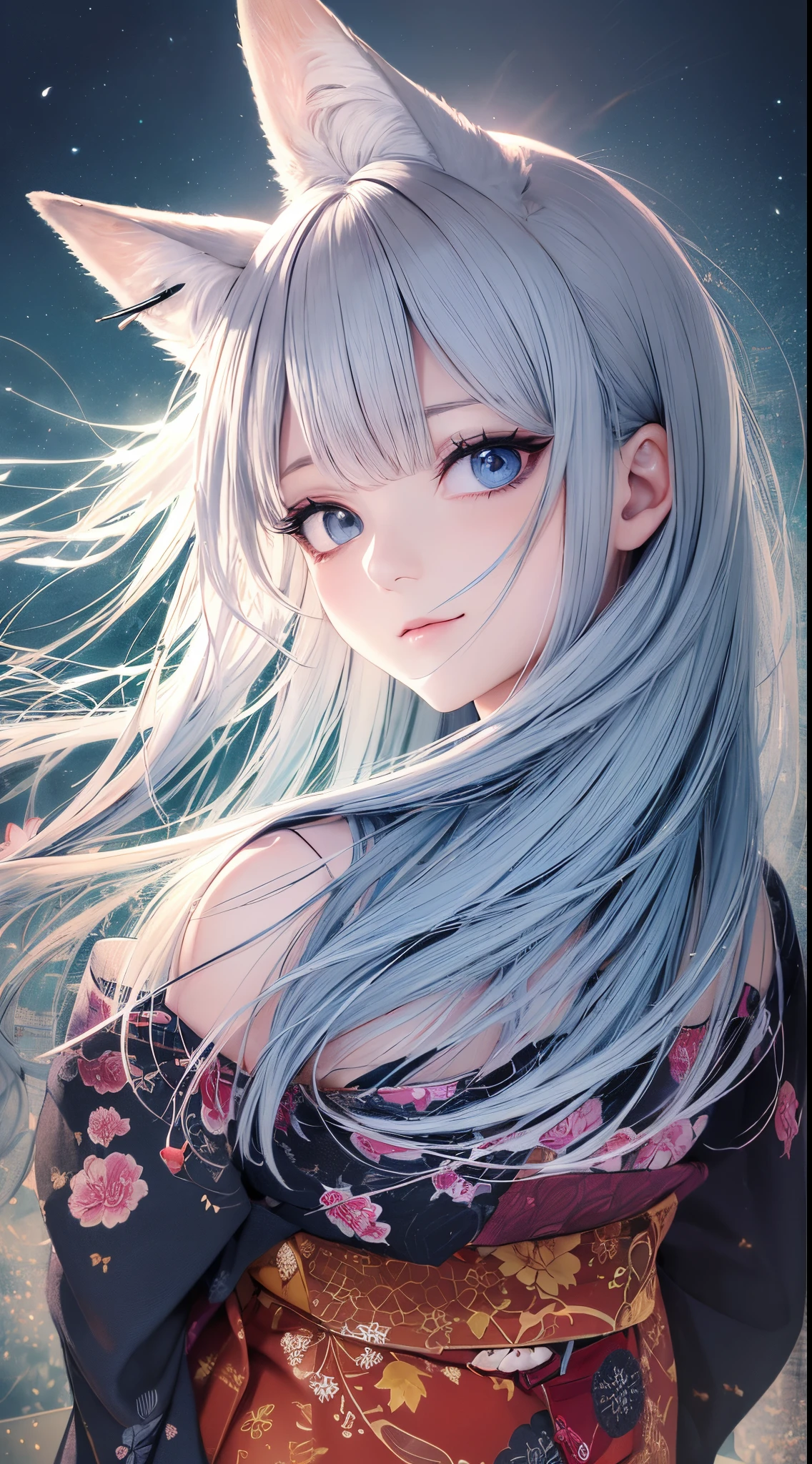 A woman with long hair and a cat ears is standing in front of a dark ...