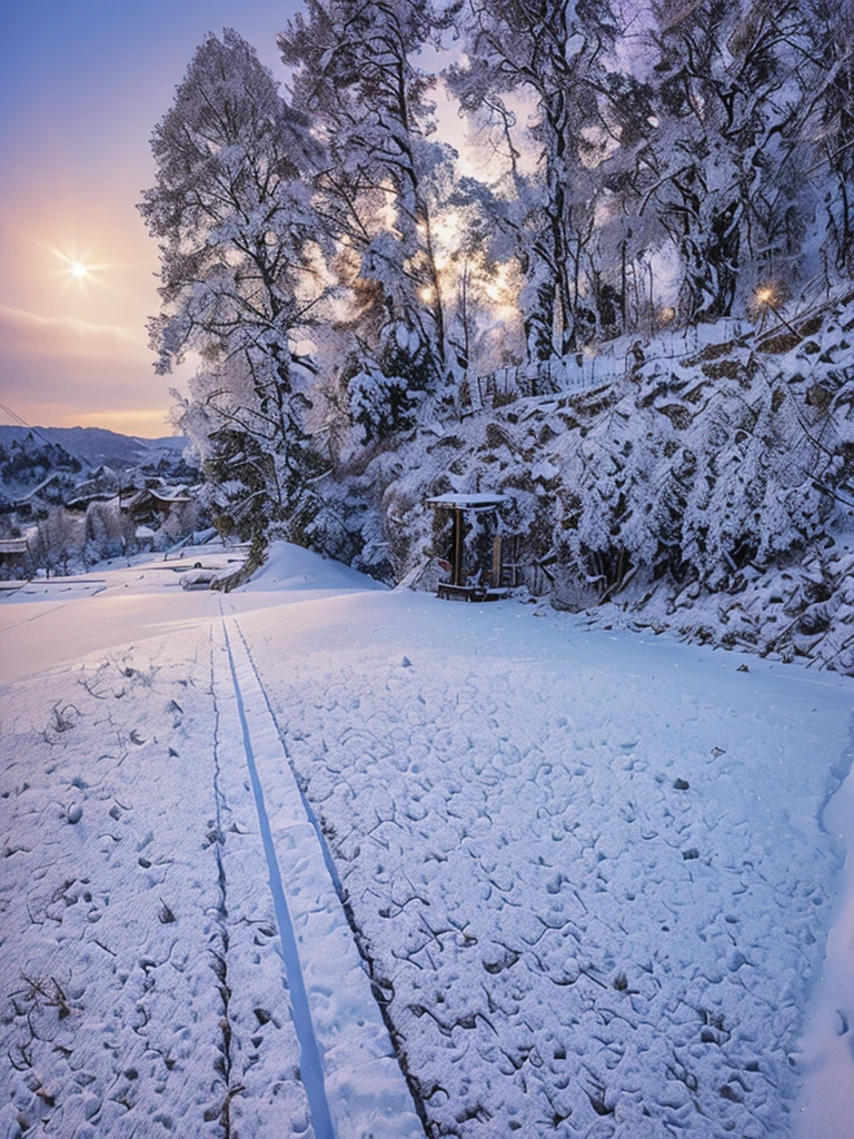 Lots of snow, snow coat, trees with snow, snow-covered roofs - SeaArt AI