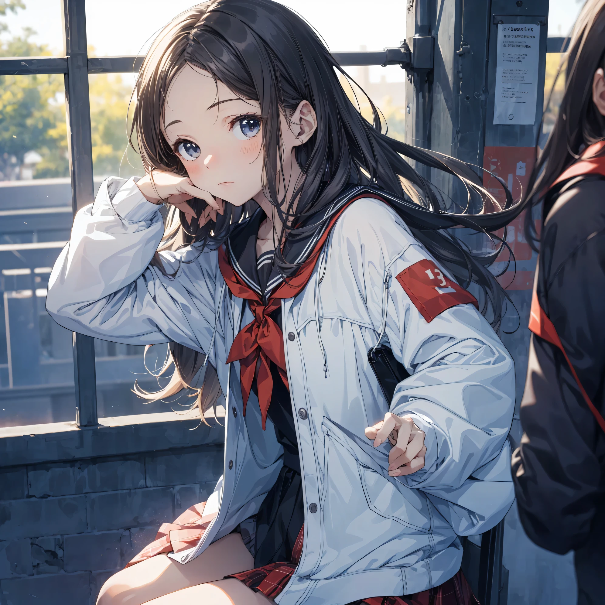 Anime girl sitting on a bench with her hand on her head - SeaArt AI
