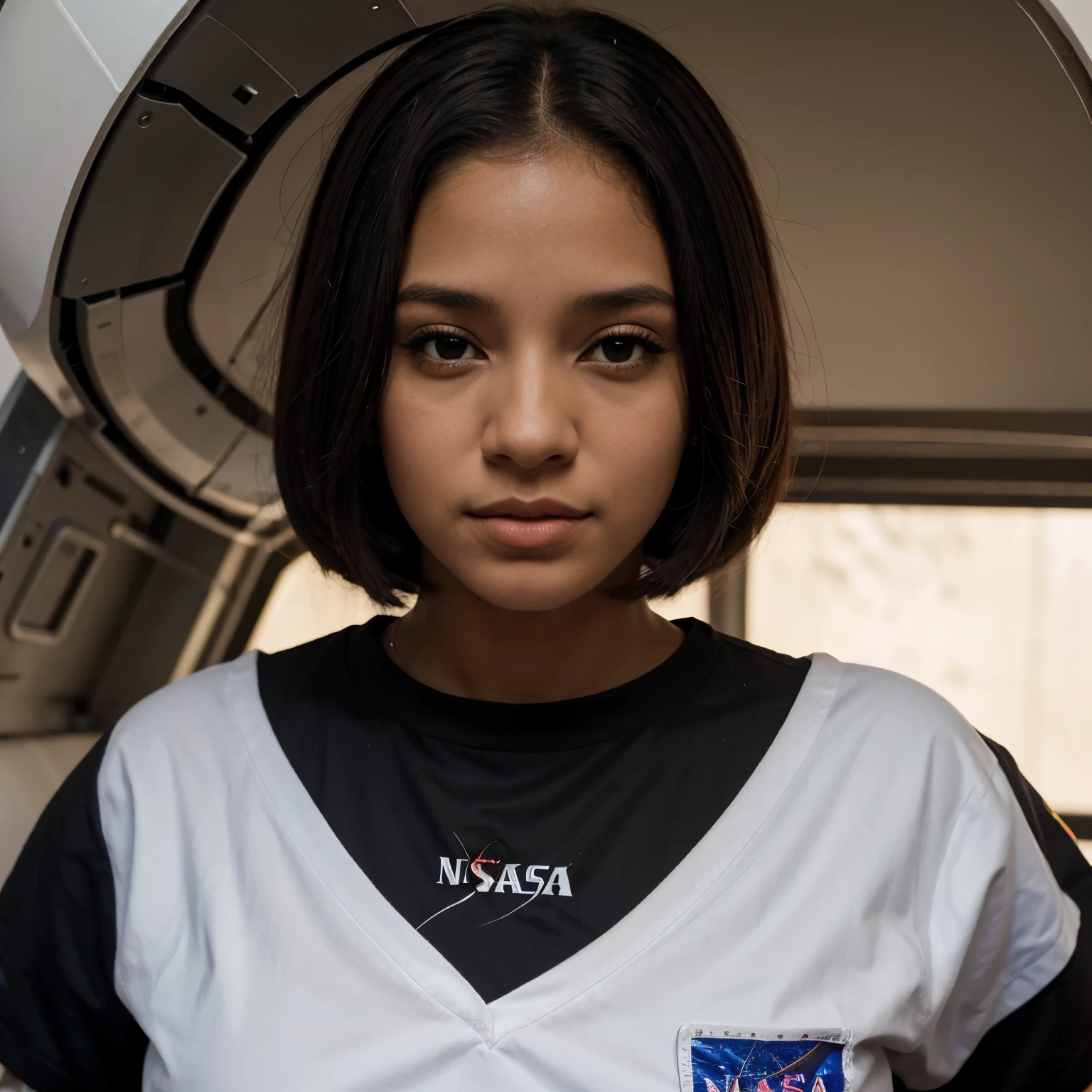Arafed woman in a nasa uniform standing in front of a space shuttle ...