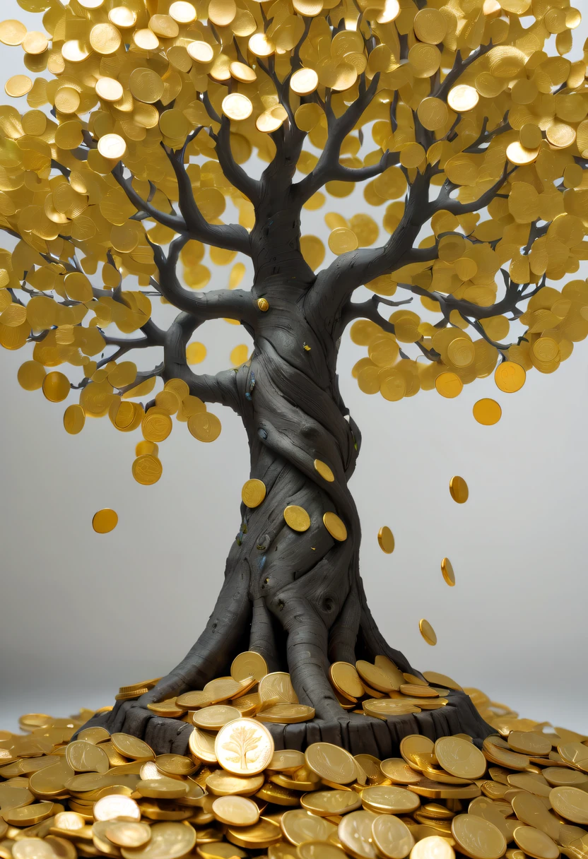 A close up of a tree with coins falling from it - SeaArt AI