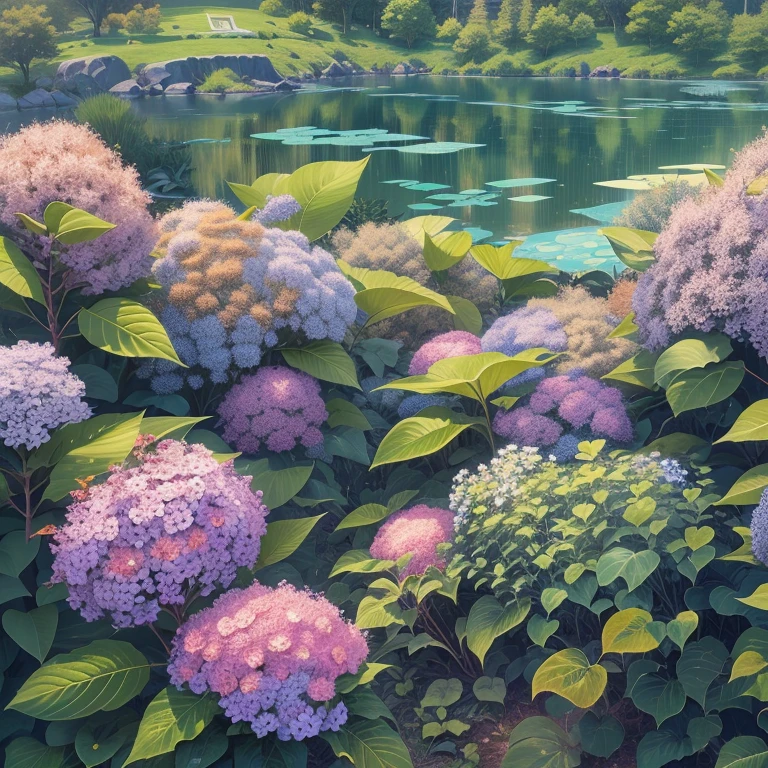 Hydrangeas, park, lake, small hill, pebble path, wallpaper, Art Deco ...