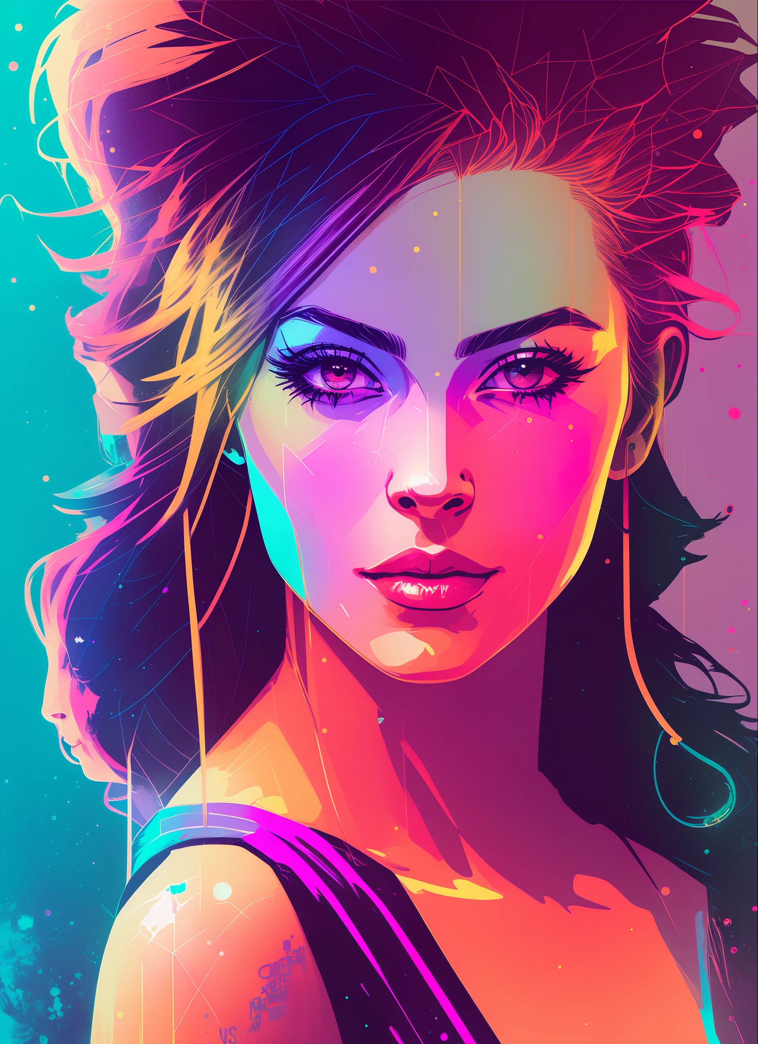 A woman with long hair and a bright dress in front of a blue background ...