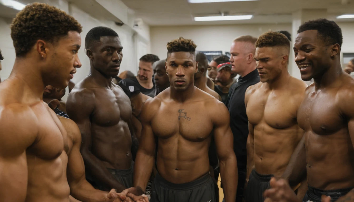 Wide Side camera angle, Locker-room full of large group of naked fully ...