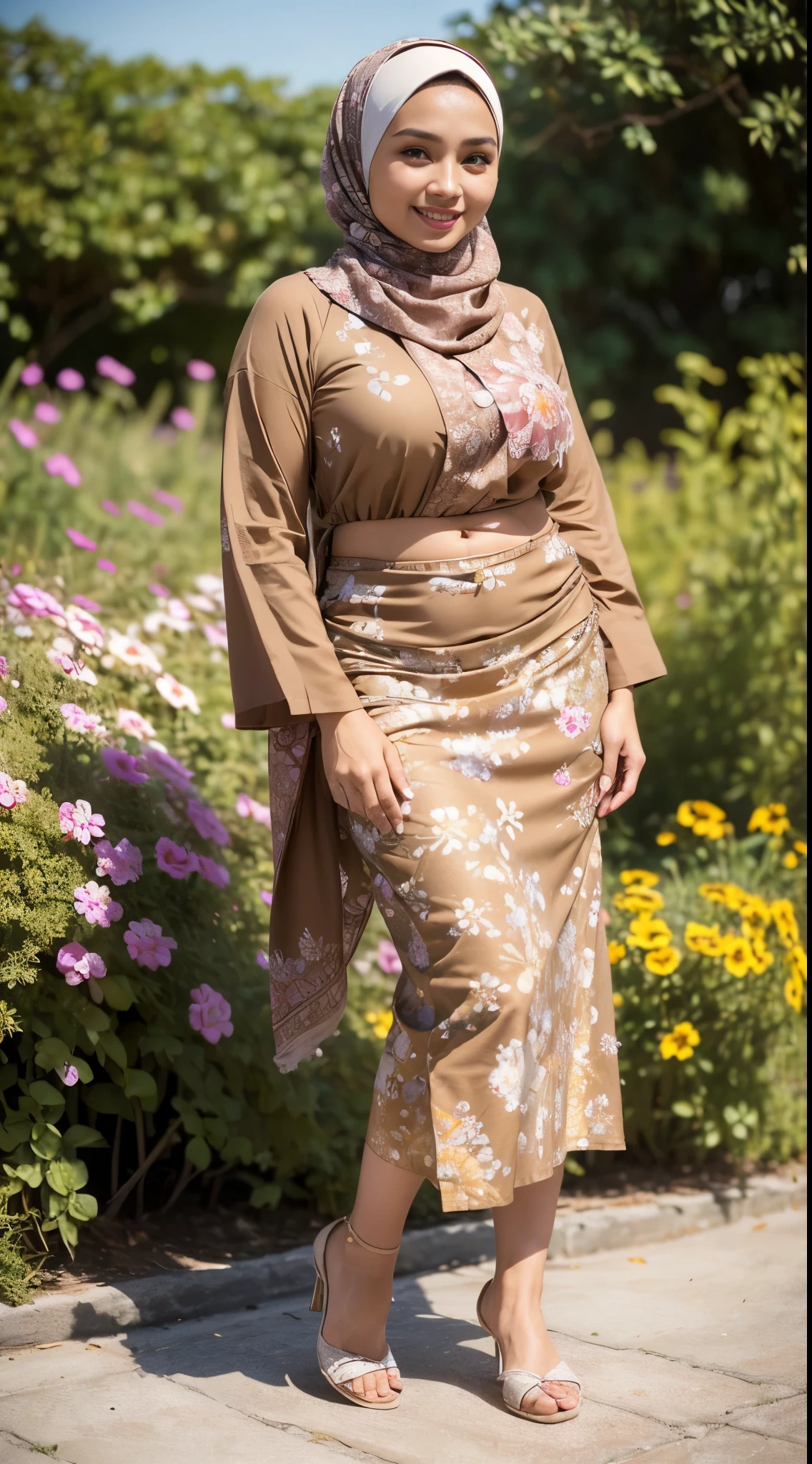 A woman in a dress and hijab standing in front of flowers - SeaArt AI