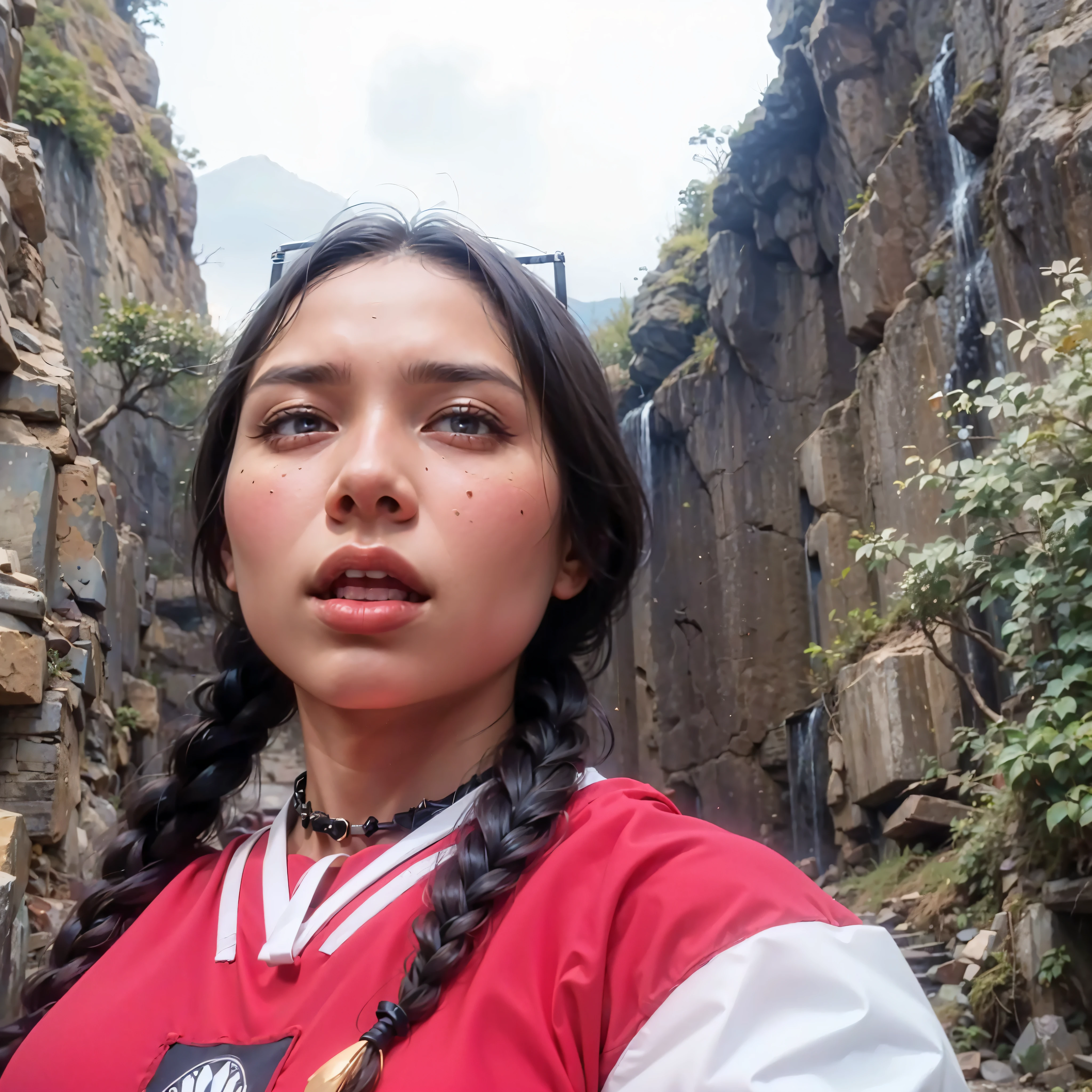 There is a woman standing in front of a waterfall with a red shirt ...