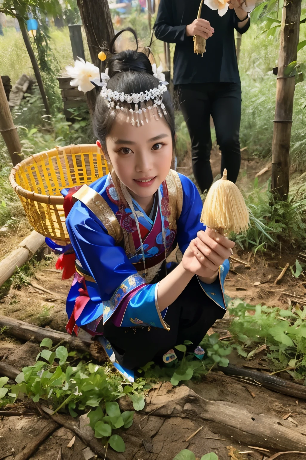 There is a woman kneeling down holding a broom and a broom - SeaArt AI