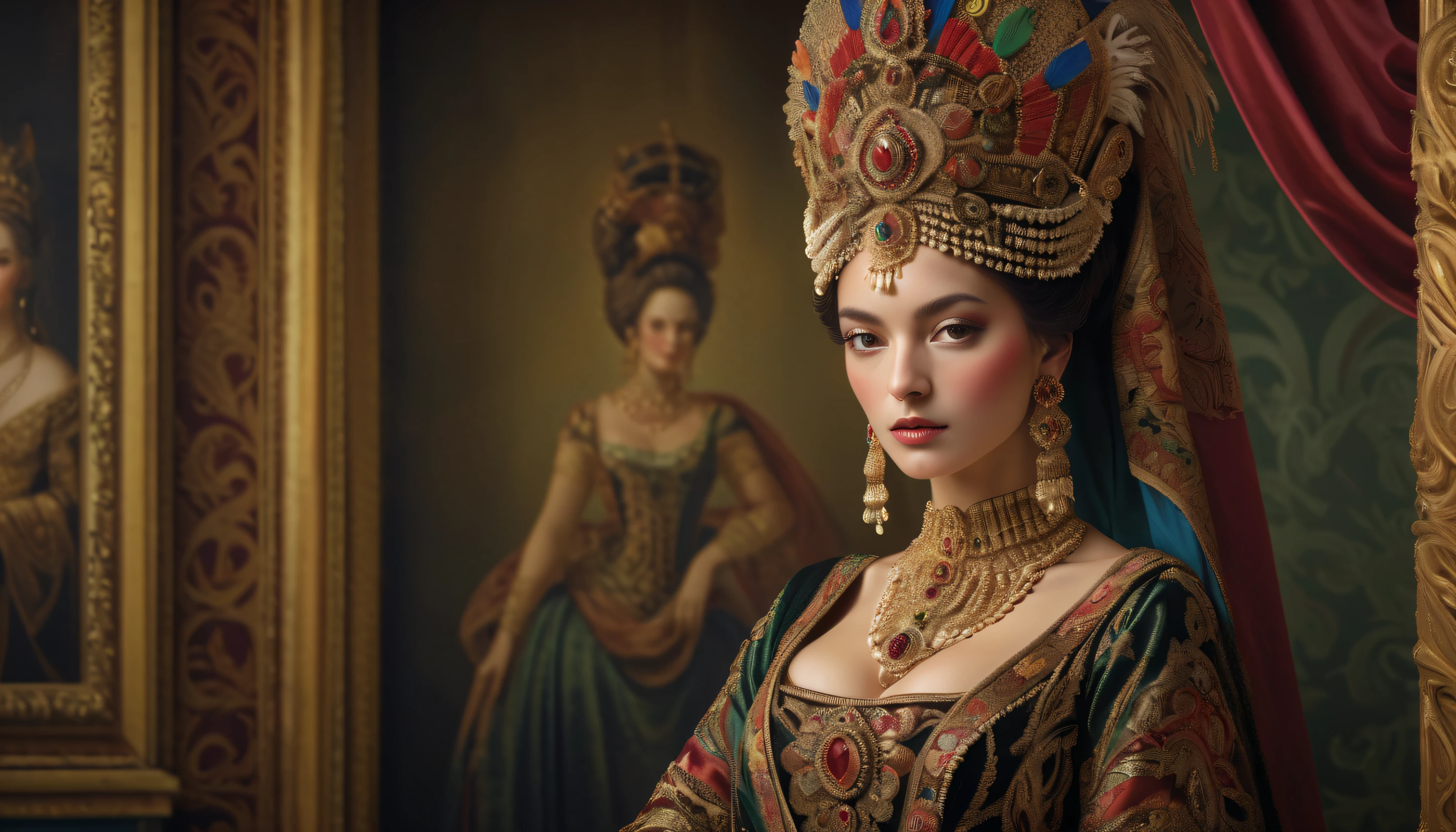 A woman in a costume with a large headpiece and a large necklace ...