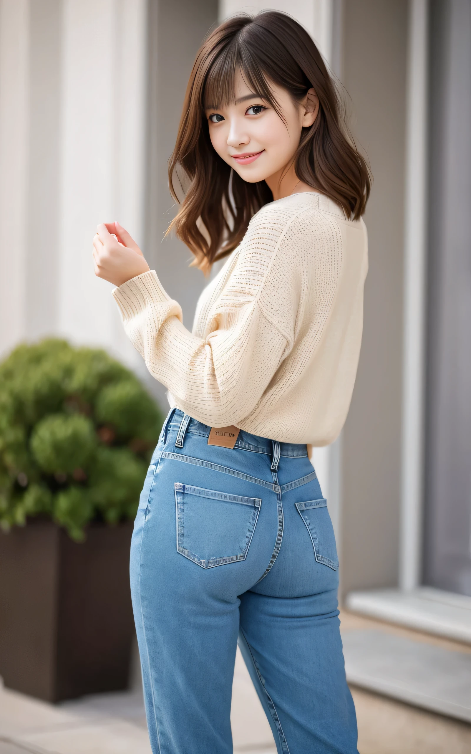 A woman in jeans and a sweater standing on a sidewalk - SeaArt AI