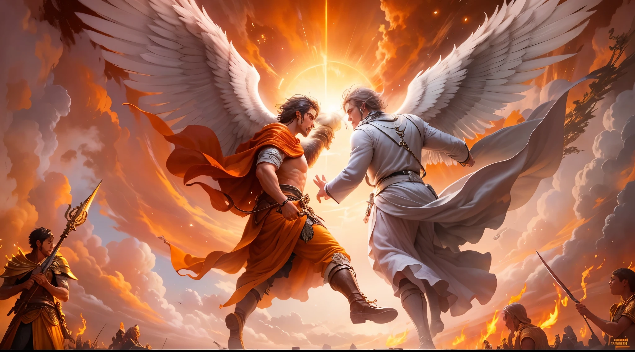 A painting of two angels fighting over a fire - SeaArt AI