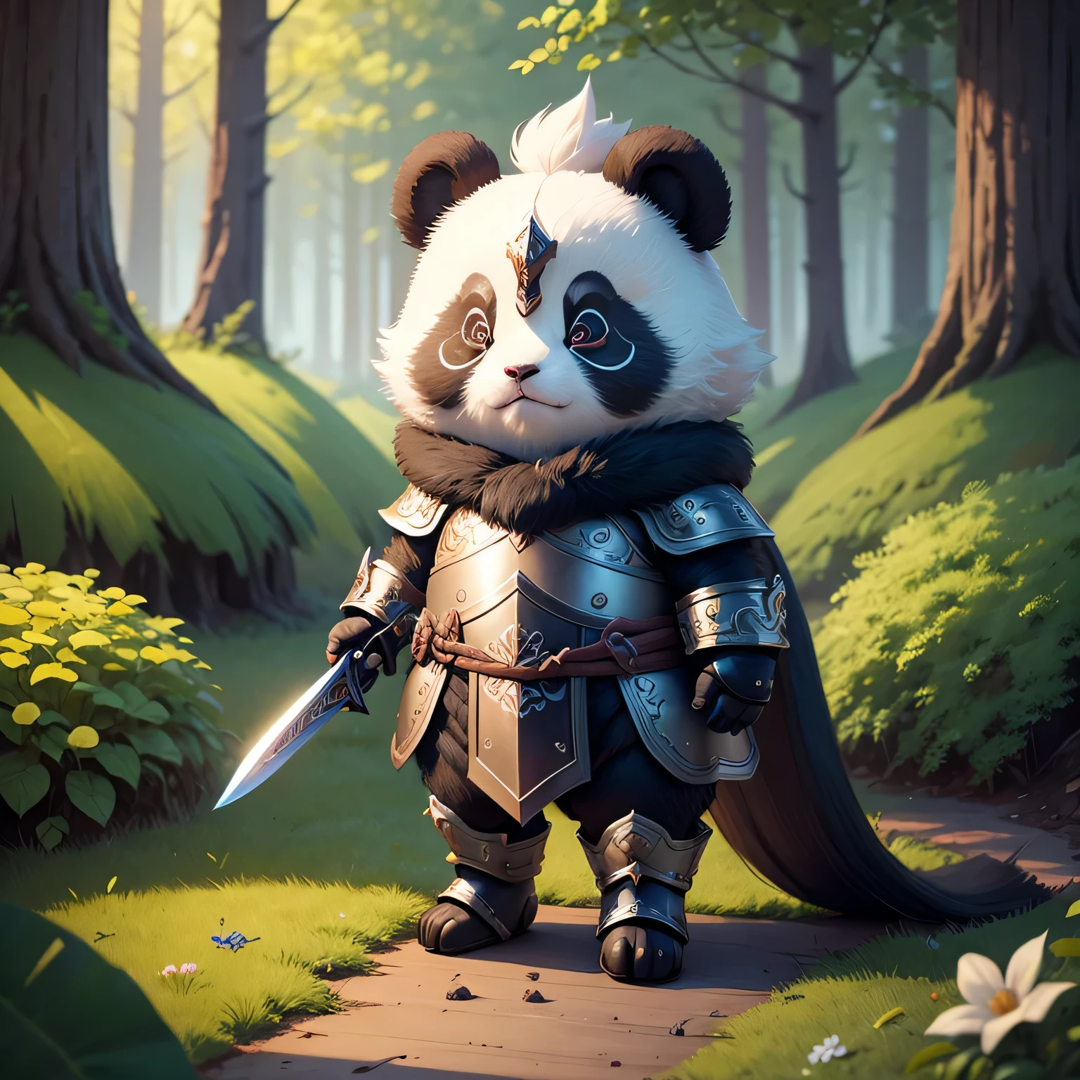 A close up of a panda bear dressed in armor with a sword - SeaArt AI