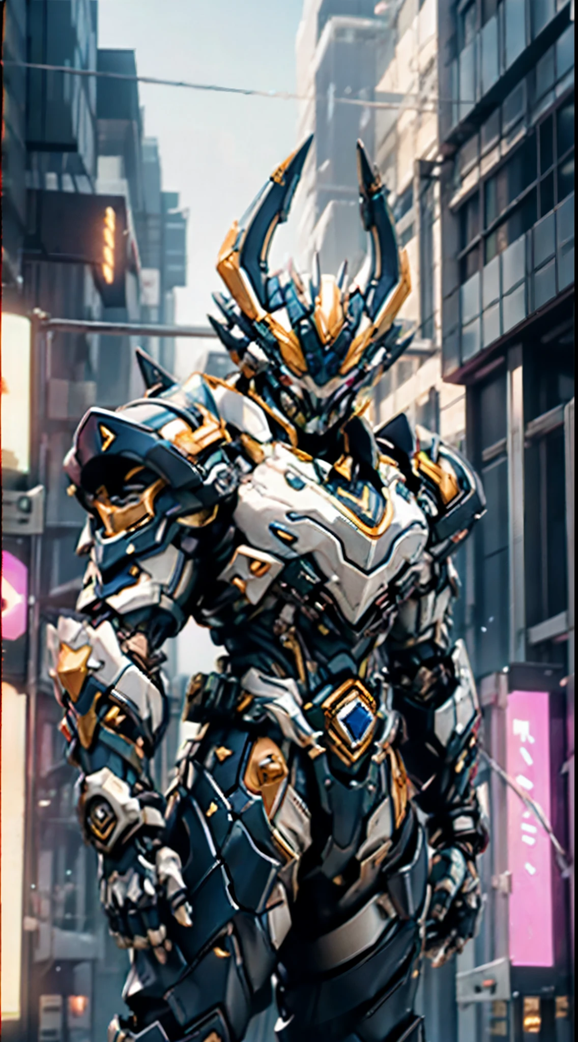 A close up of a robot standing in a city street - SeaArt AI