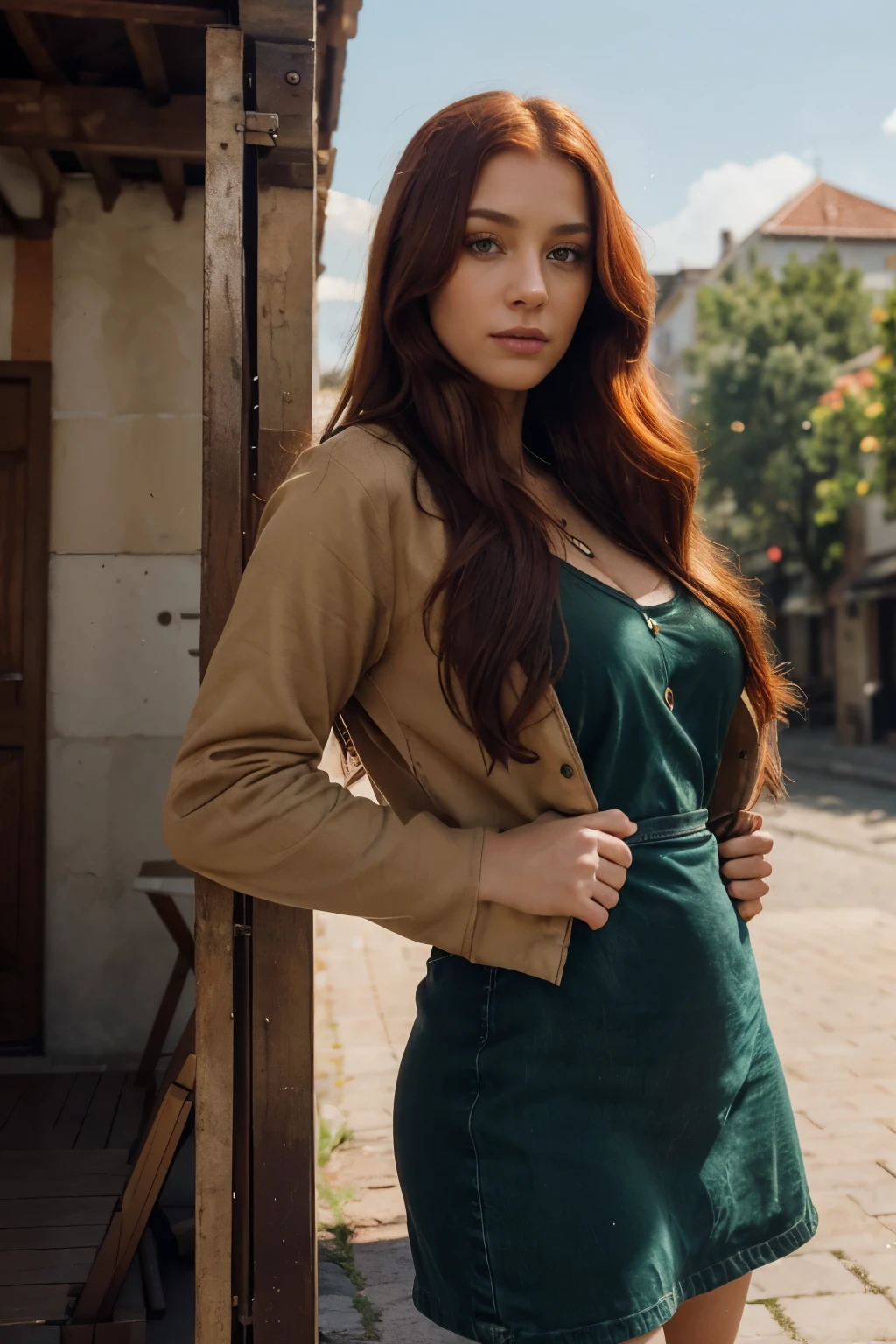 Arafed woman in a green dress and tan jacket standing on a street ...