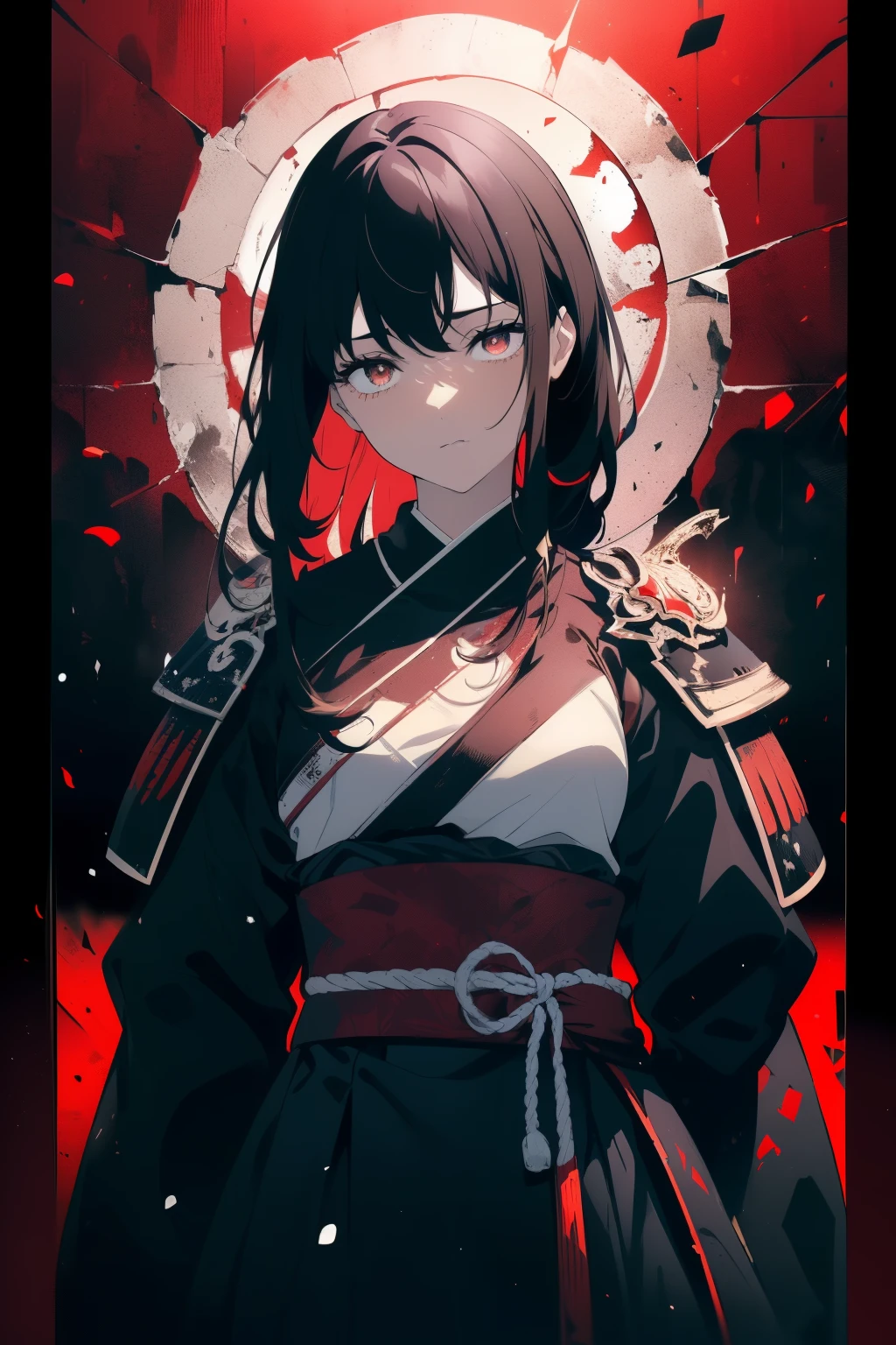A woman in a black and red outfit holding a sword - SeaArt AI
