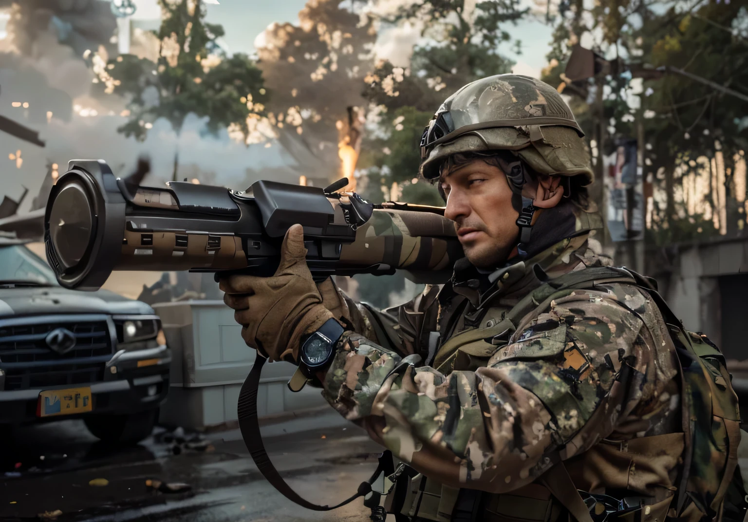 Arafed soldier with a machine gun in front of a truck - SeaArt AI
