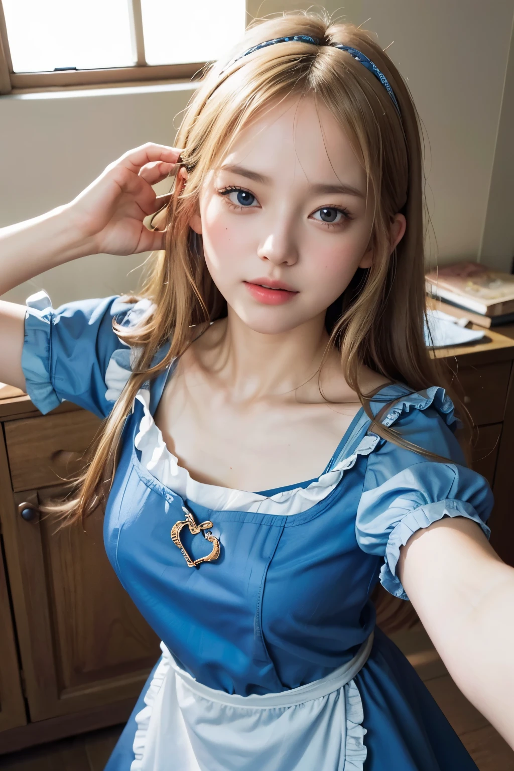 A close up of a woman in a blue dress posing for a picture - SeaArt AI