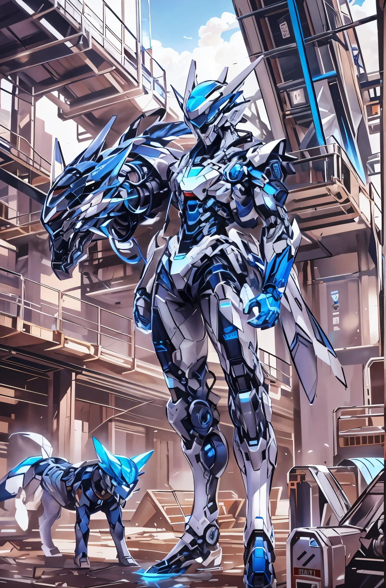 A drawing of a robot standing in front of a building - SeaArt AI