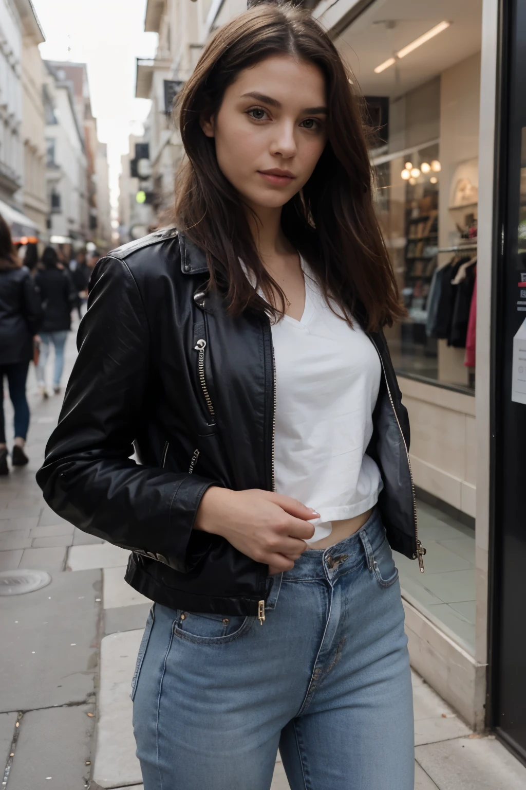 Araffe woman in a white shirt and jeans standing on a sidewalk - SeaArt AI