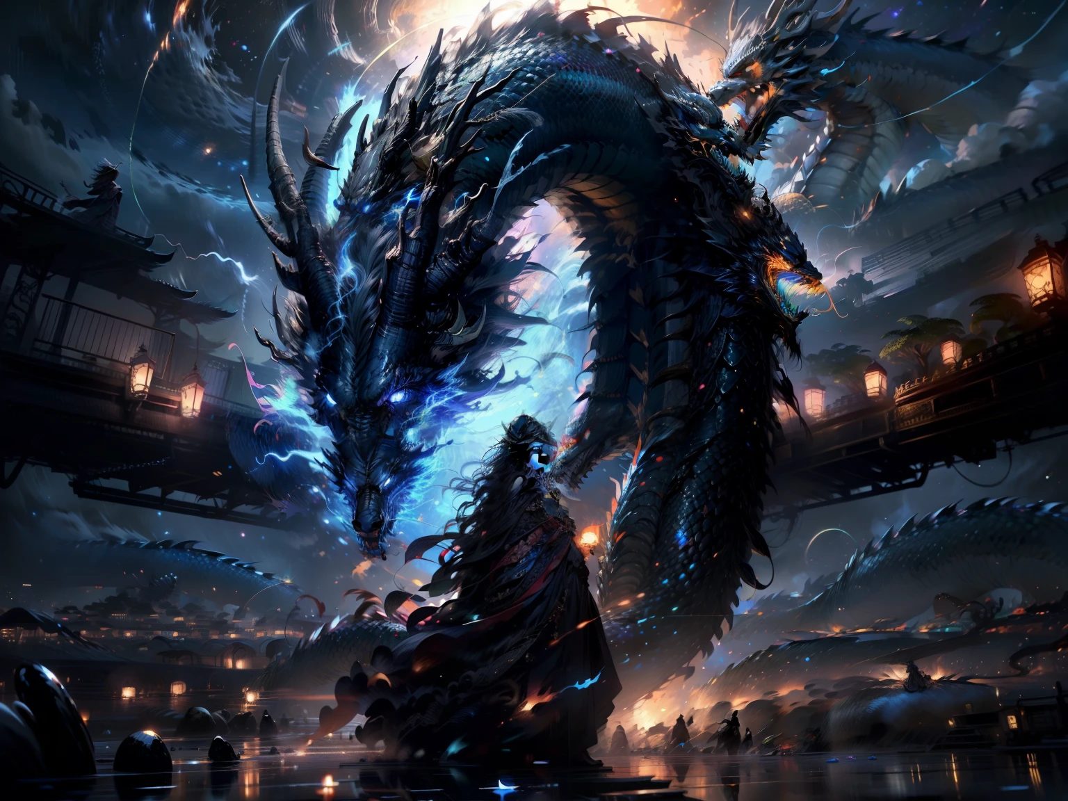 A large dragon is in the middle of a city with people - SeaArt AI
