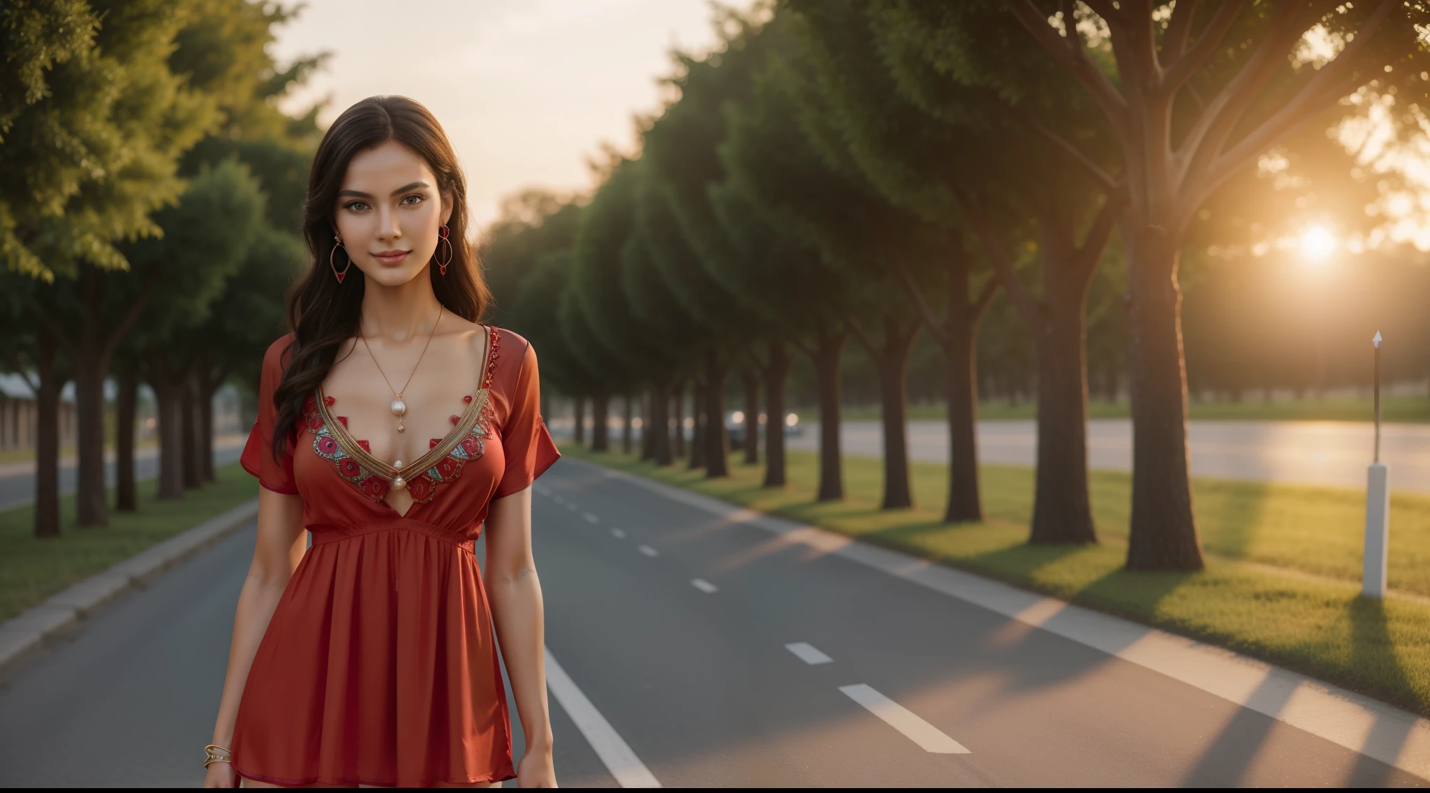 Arafed woman in a red dress walking down a street - SeaArt AI