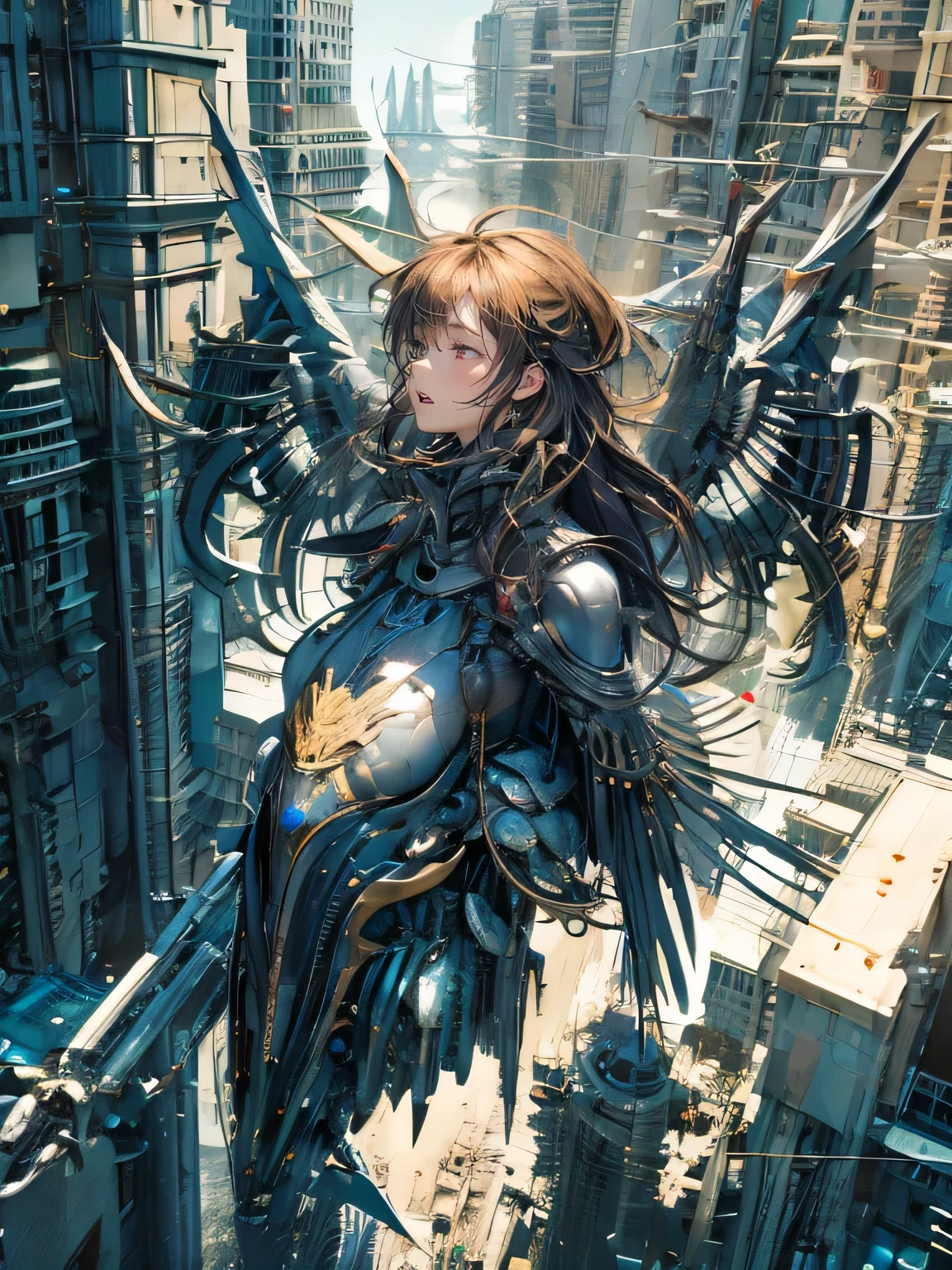 A woman in a futuristic city with a large bird on her shoulder - SeaArt AI